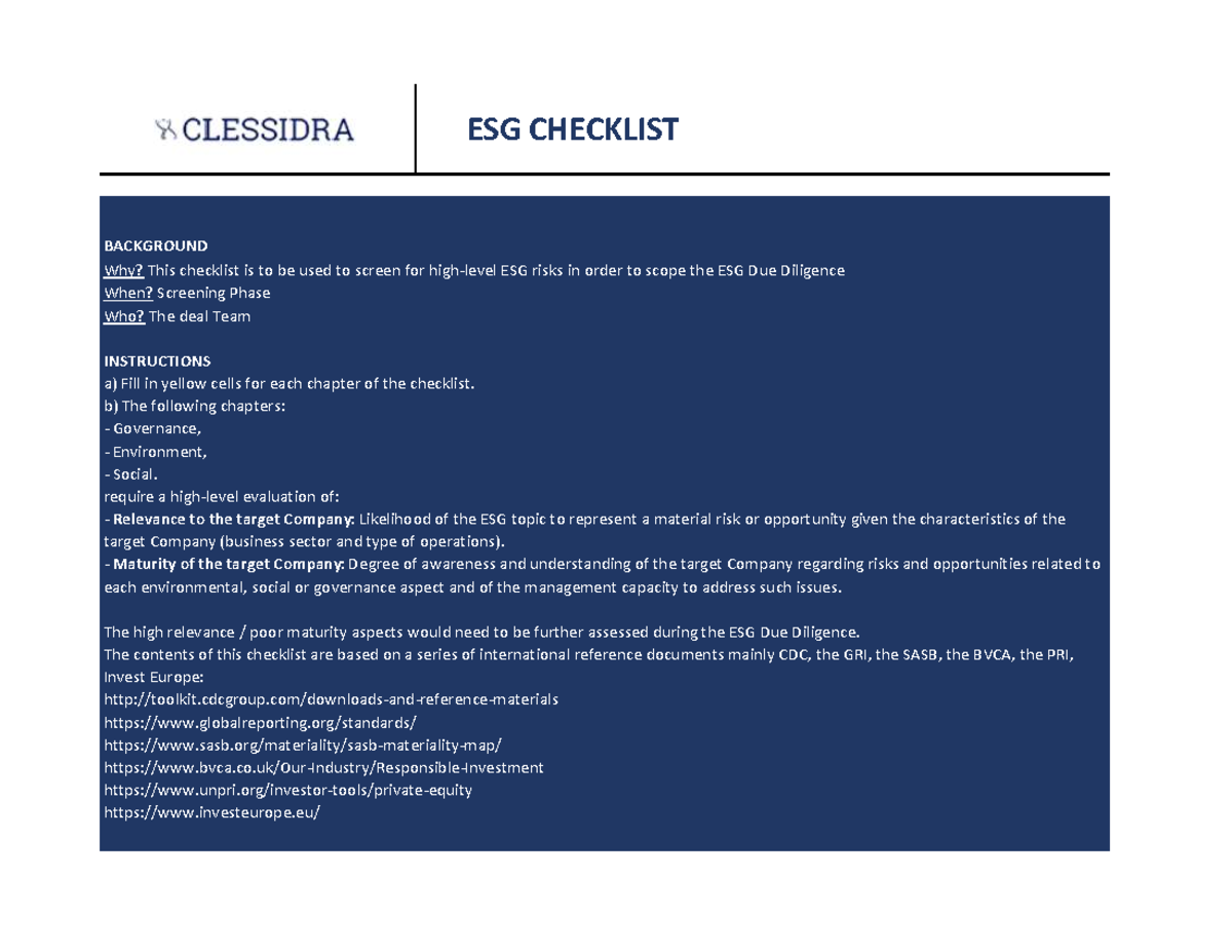 ESG checklist - ESG CHECKLIST BACKGROUND Why? This checklist is to be ...