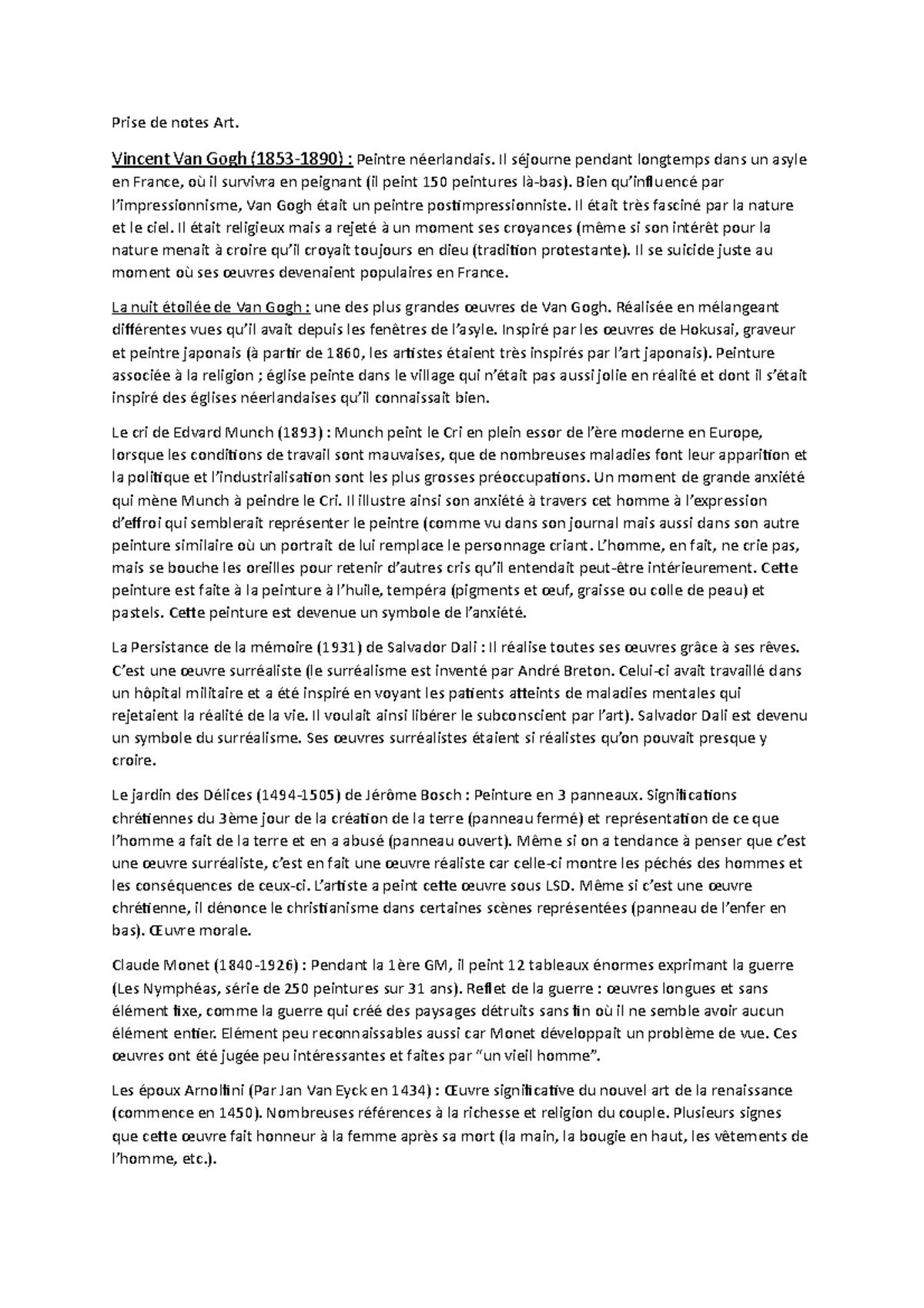 Notes prises sur l'histoire de l'art - Prise de notes Art. Vincent Van ...