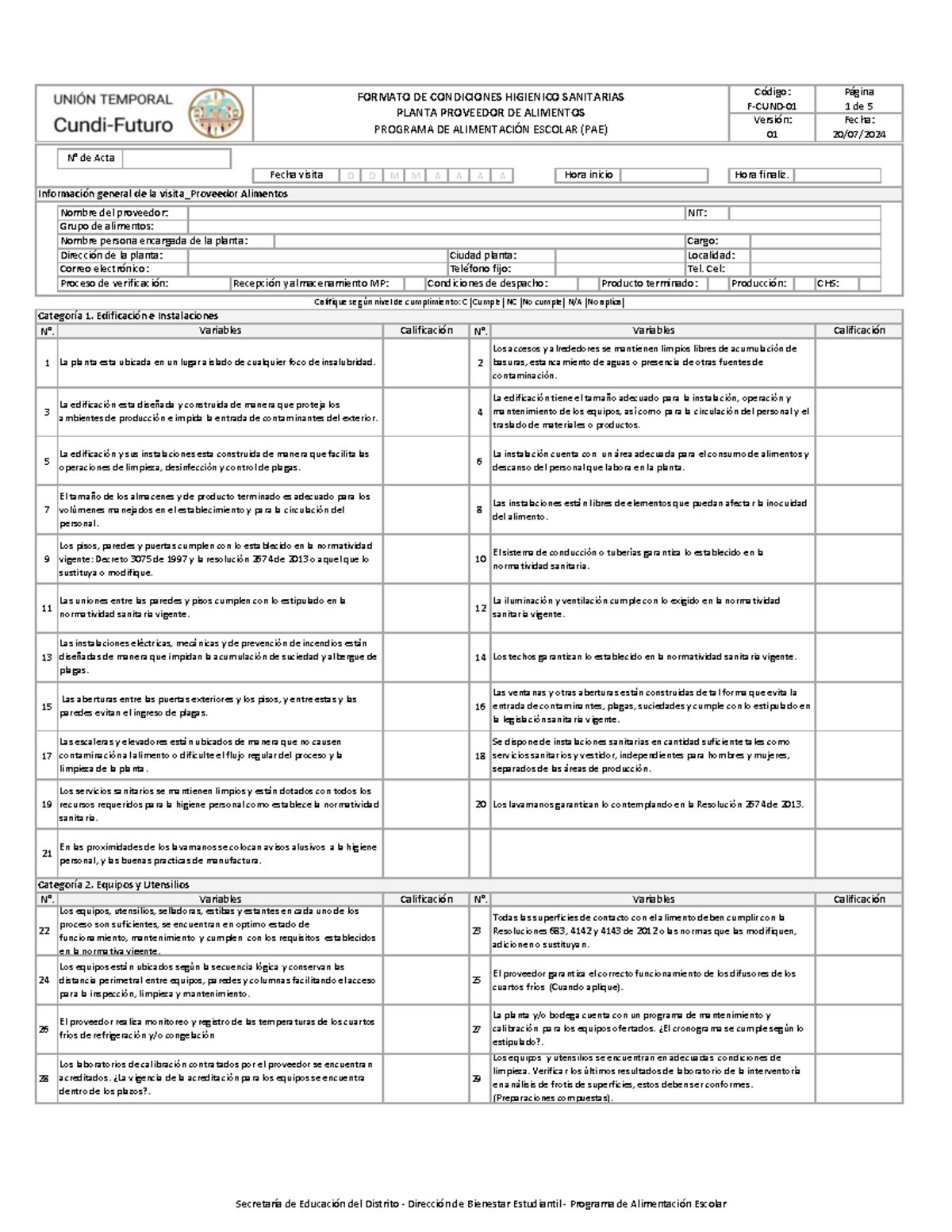 F-GC-01 Formato CHS planta proveedor alimentos - D D M M A A A A N°. N ...