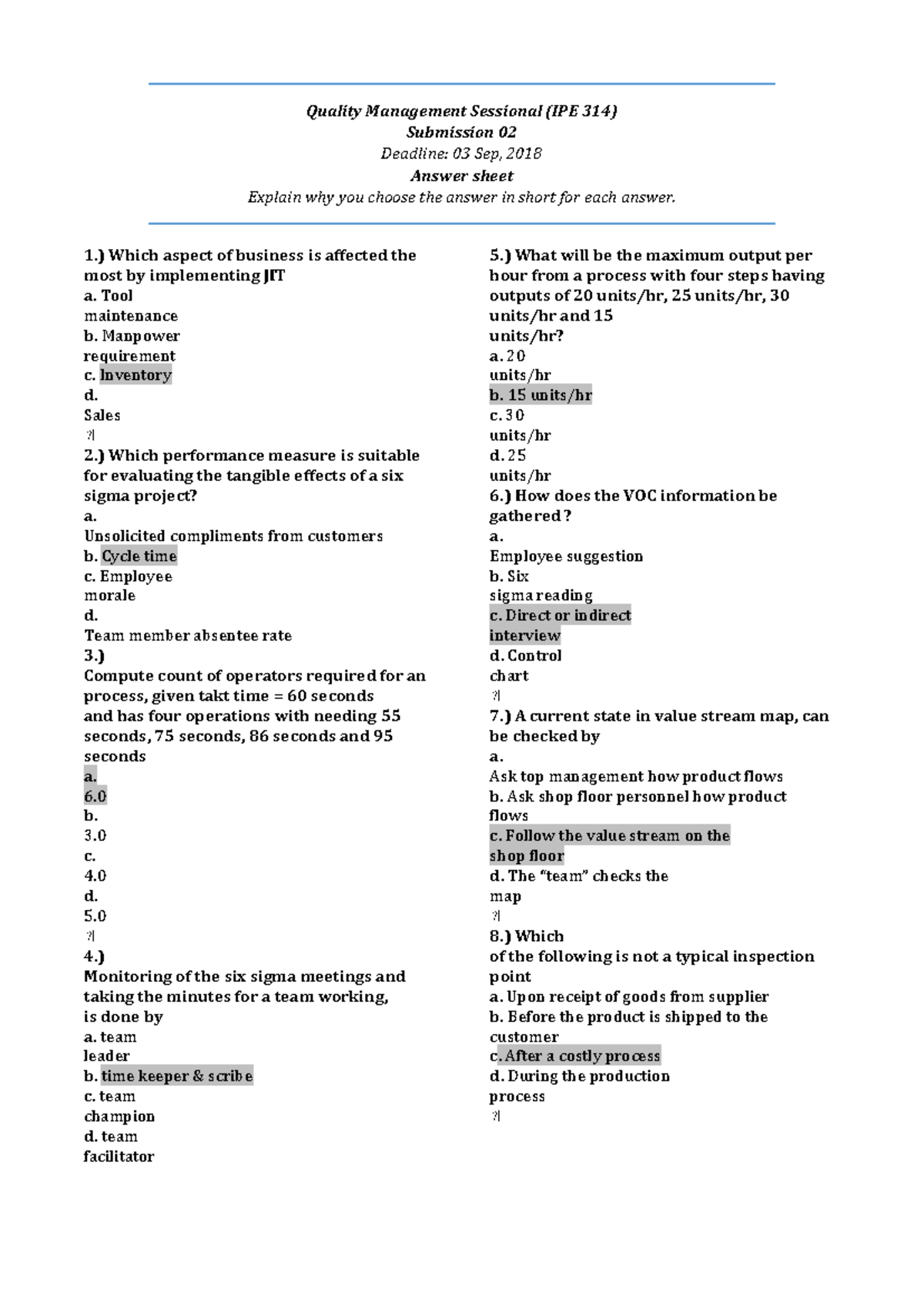Six Sigma Yellow Belt MCQ Q&A - Quality Management Sessional (IPE 314 ...