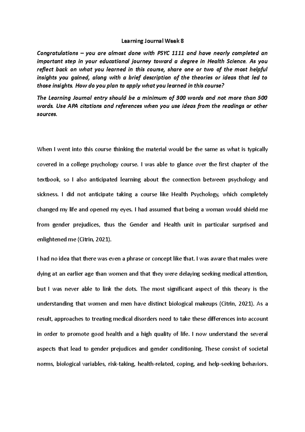 PSYC 1111 Learning Journal Week 8 - Learning Journal Week 8 ...