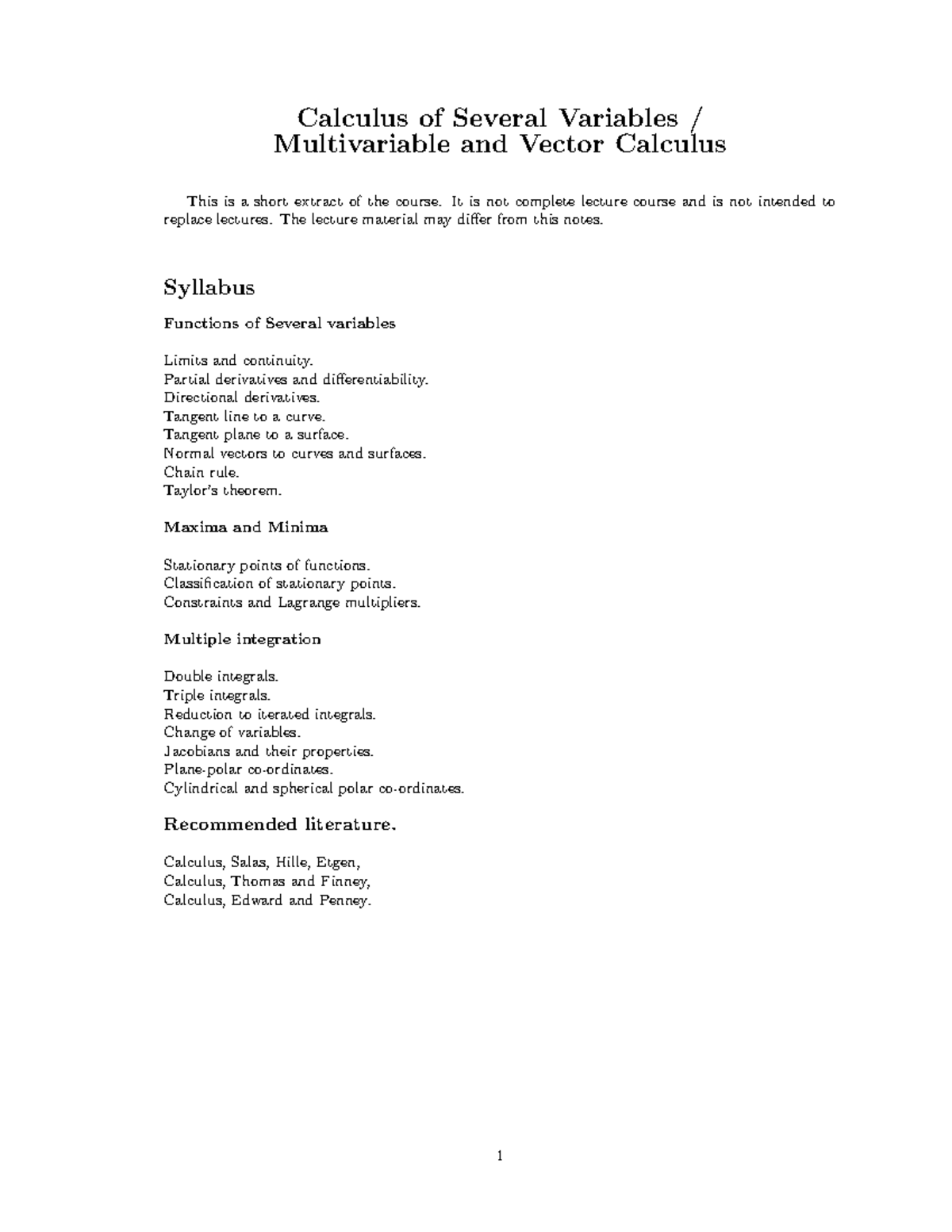 Multivariable and Vector Calculus - It is not complete lecture course ...