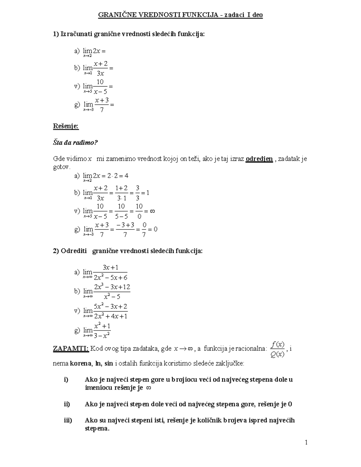 Granicne Vrednosti Funkcija- Zadaci- I deo - GRANIČNE VREDNOSTI ...