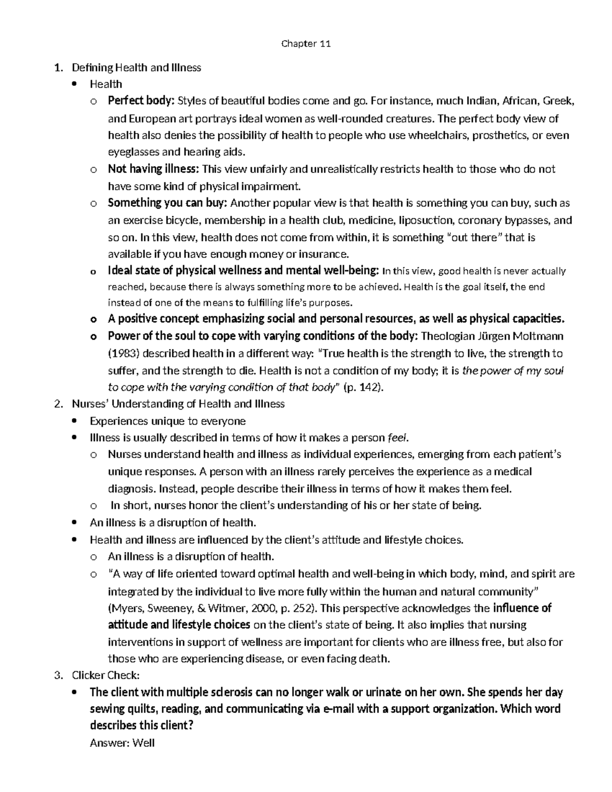 Chapter 11 Notes - Chapter 11 Defining Health and Illness Health o ...