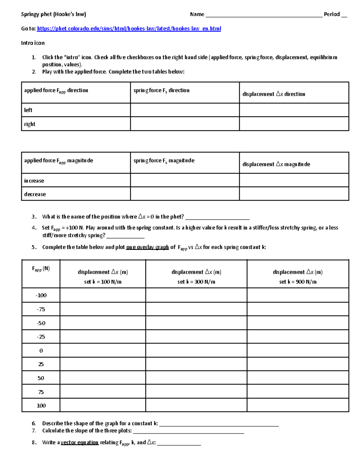 AP springy phet - Spring simulation worksheet with lab - Springy phet ...