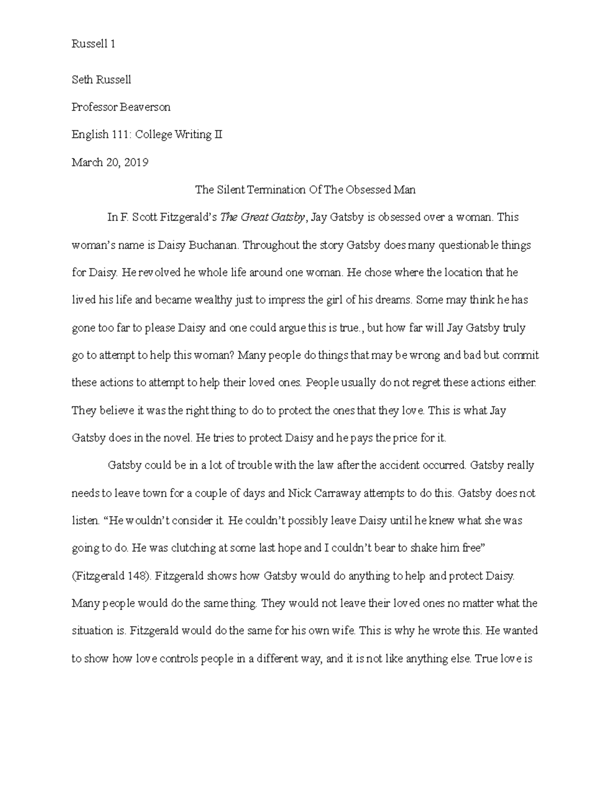 Gatsby #7 - Paper - Russell 1 Seth Russell Professor Beaverson English ...