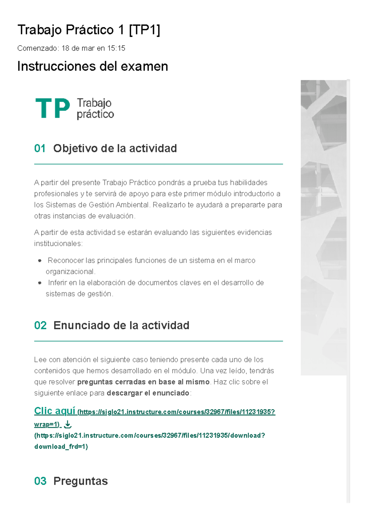 SGA TP1 93 2024 - Trabajo Práctico 1 [TP1] Comenzado: 18 de mar en 15: Instrucciones del examen ...