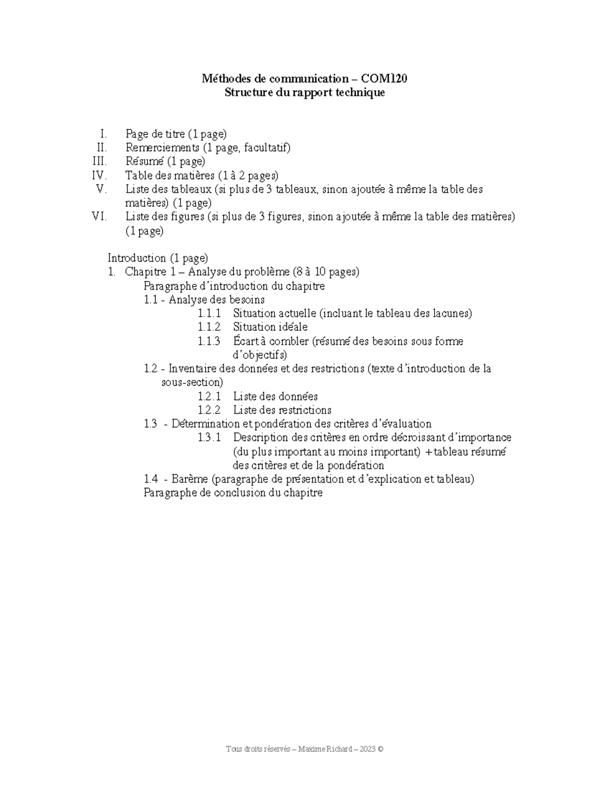 Structure du rapport technique - Page de titre (1 page) II ...