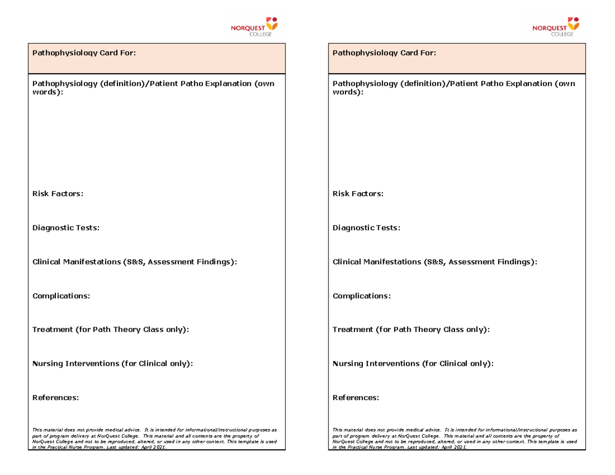 Pathophysiology Research Template (Updated, April 2021 ...