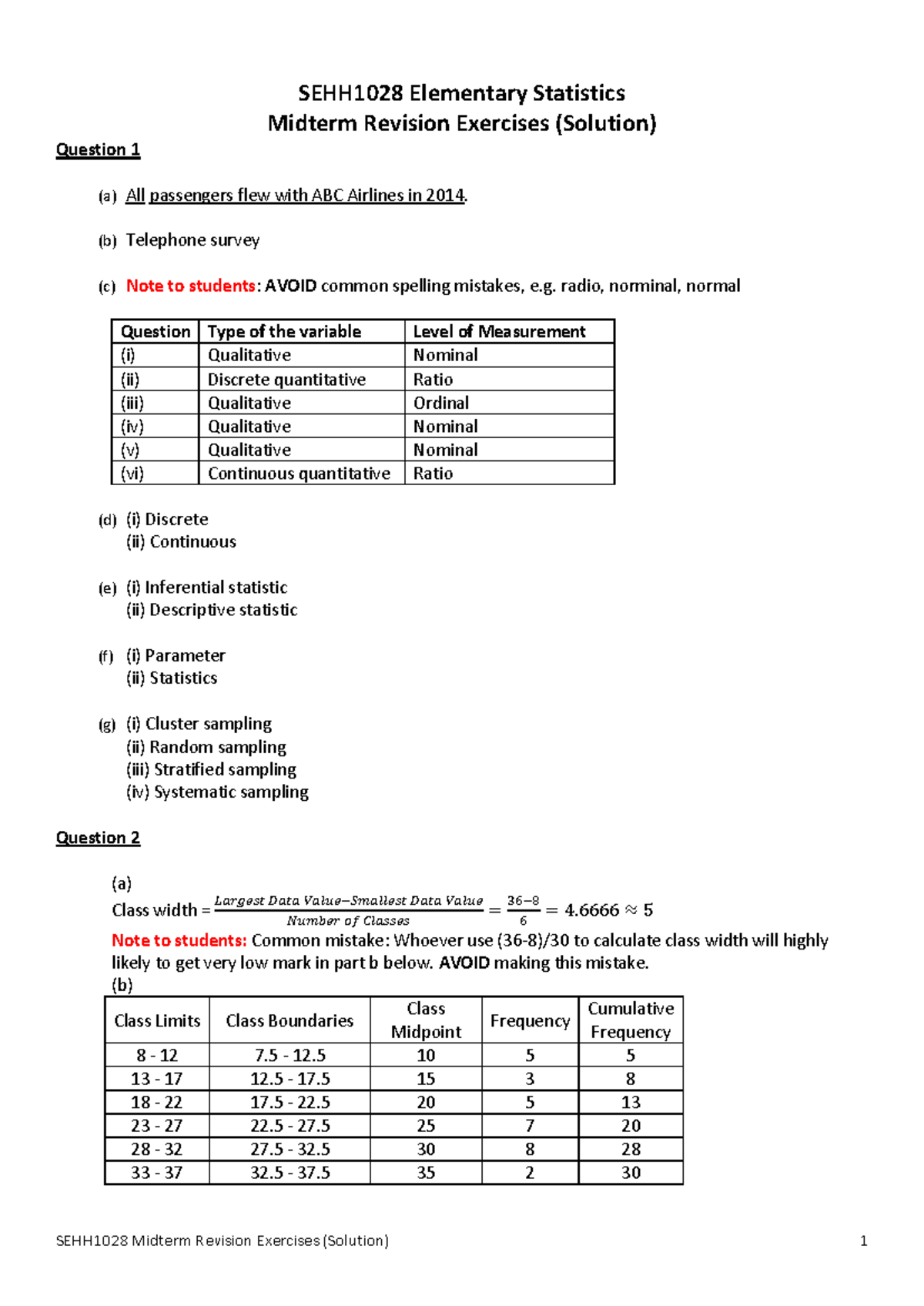 SEHH1028 Midterm Revision Exercises (Solution) - SEHH1028 Elementary Statistics Midterm Revision ...