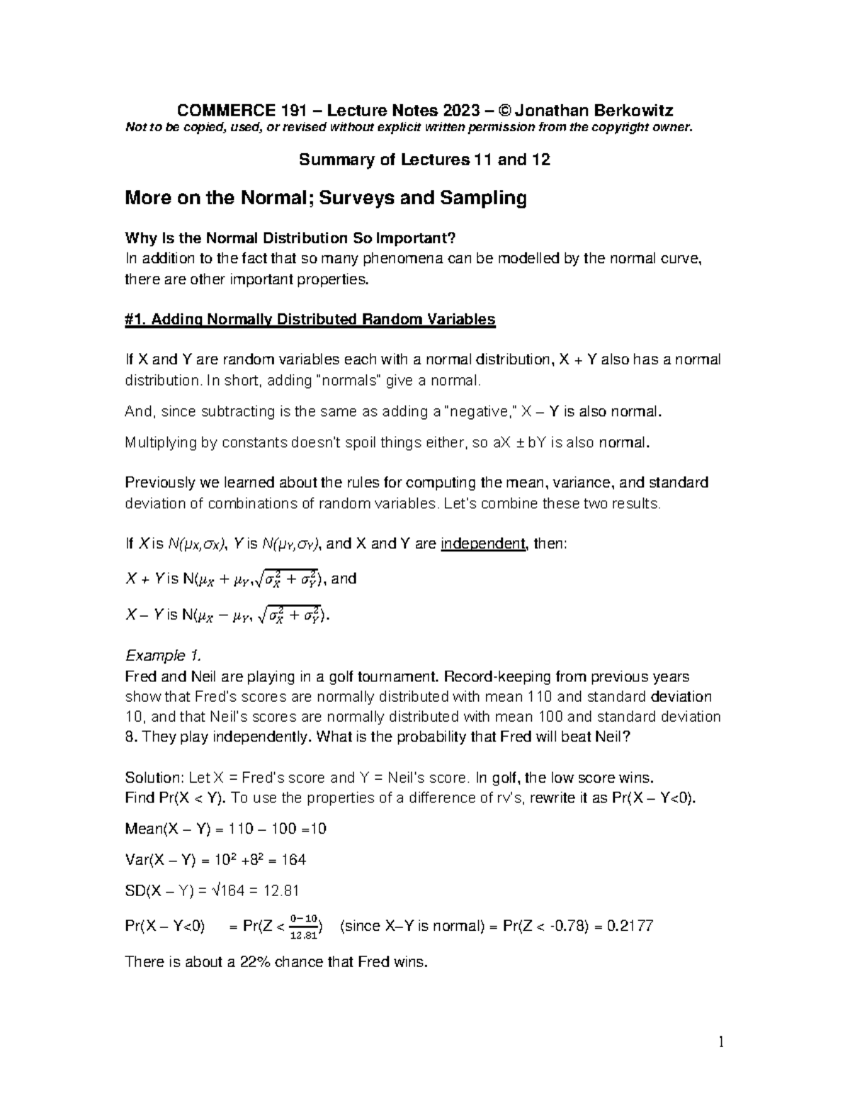 C191 2023(2022W2) Lectures 11 12 - COMMERCE 191 – Lecture Notes 2023 ...