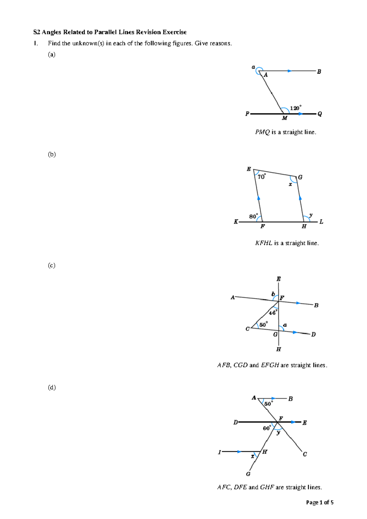 S2 Angles Related to Parallel Lines Revision Exercise - Give reasons ...