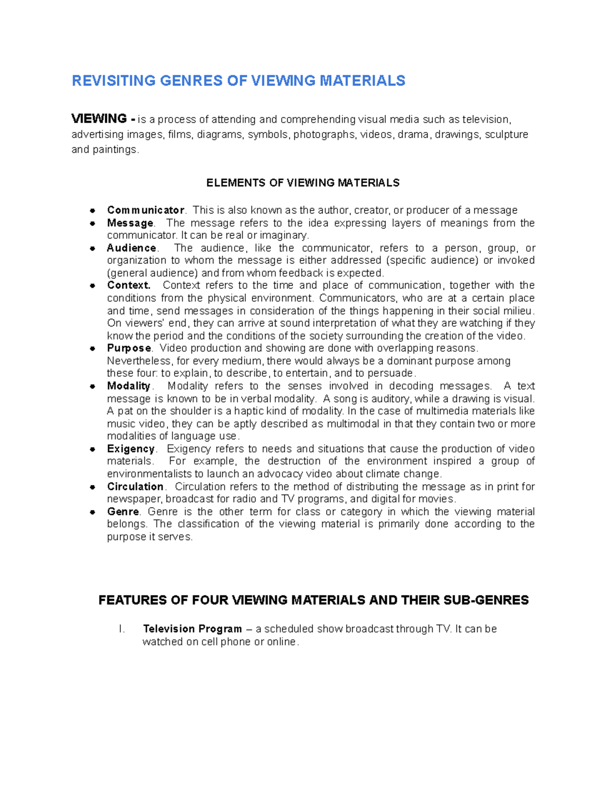 Handout - REVISITING GENRES OF VIEWING MATERIALS VIEWING - is a process ...