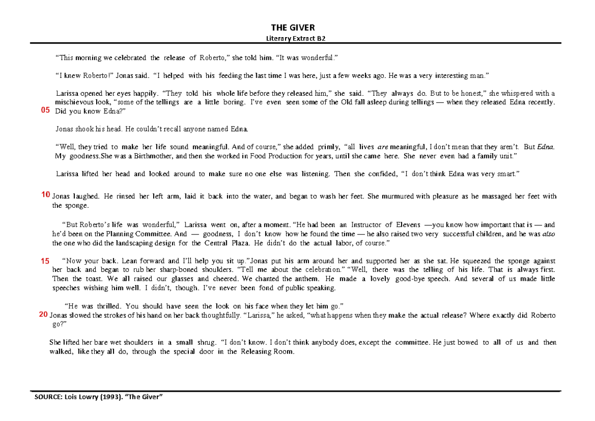 Literary Extract B2 - The Giver - THE GIVER Literary Extract B “This ...