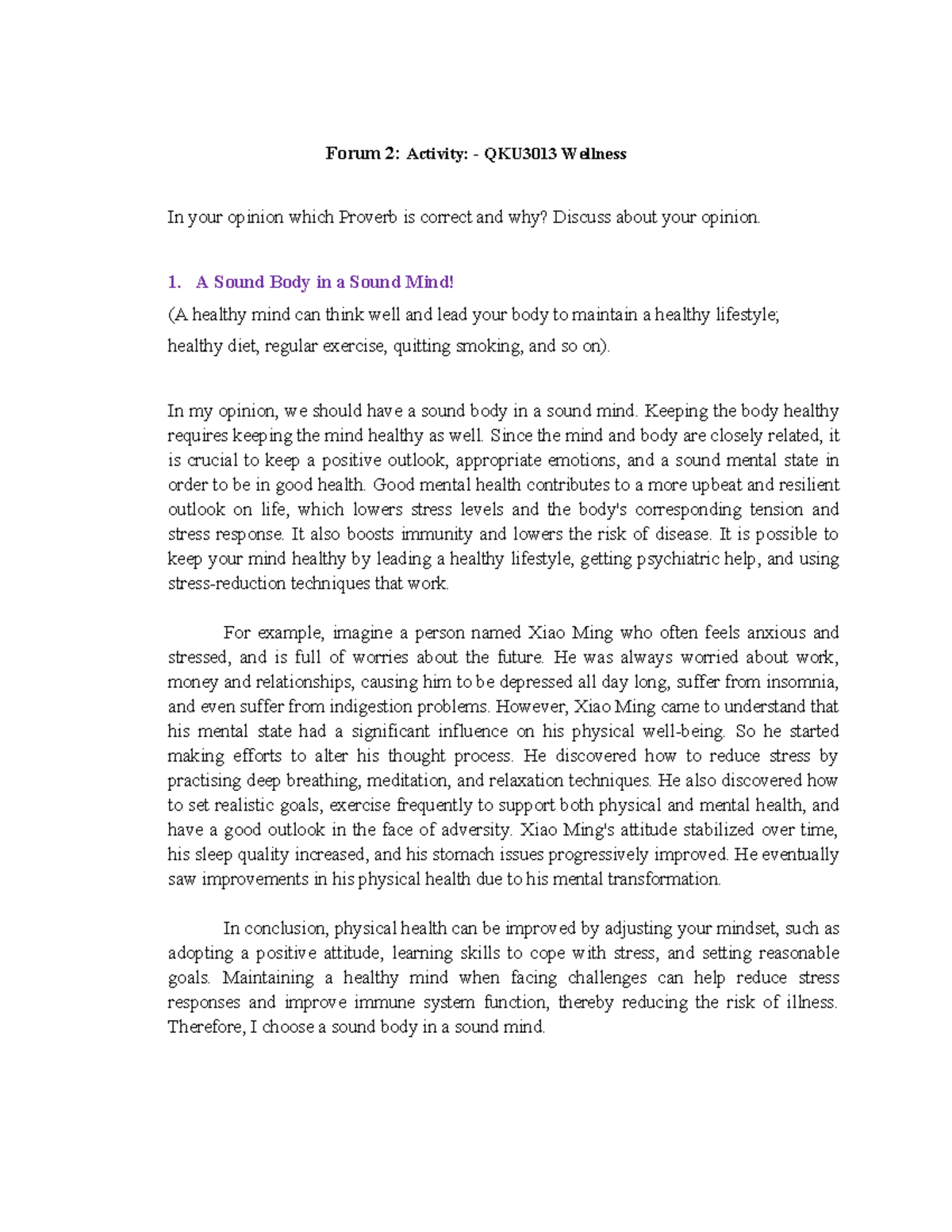 Forum 2 A Sound Mind or Body - Forum 2: Activity: - QKU3013 Wellness In ...