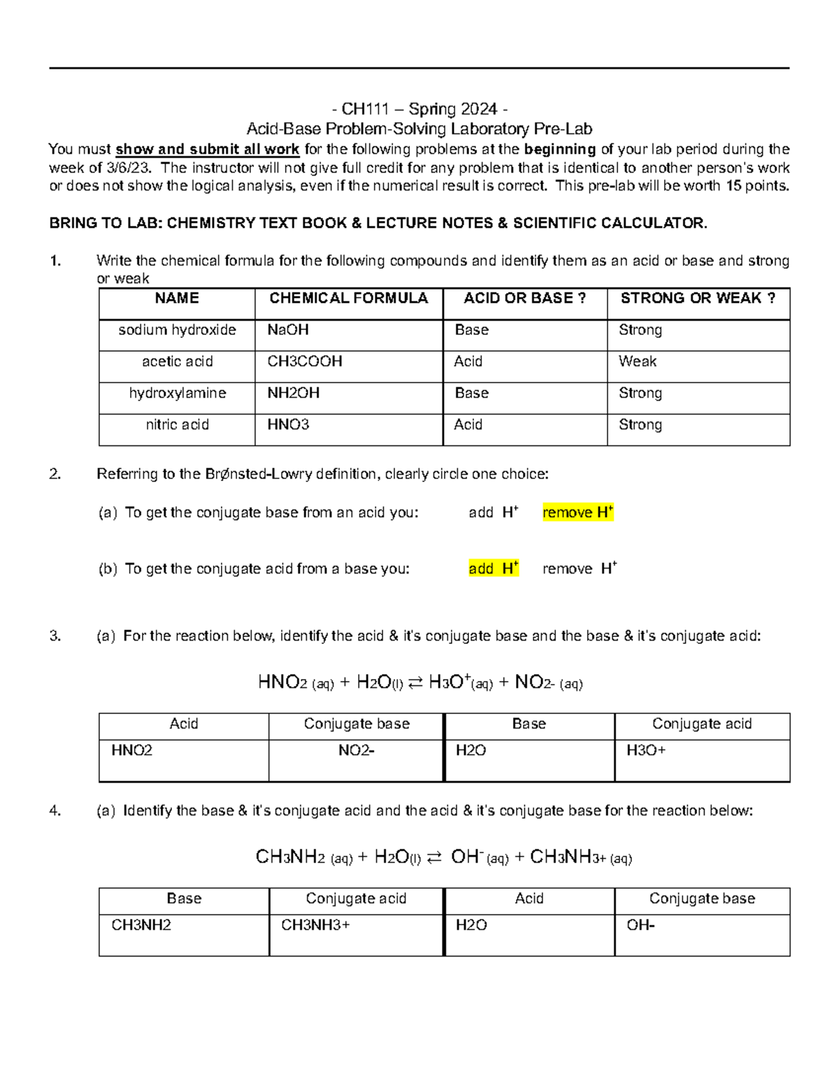 Acid base Pre lab - CH111 – Spring 202 4 - Acid-Base Problem-Solving ...