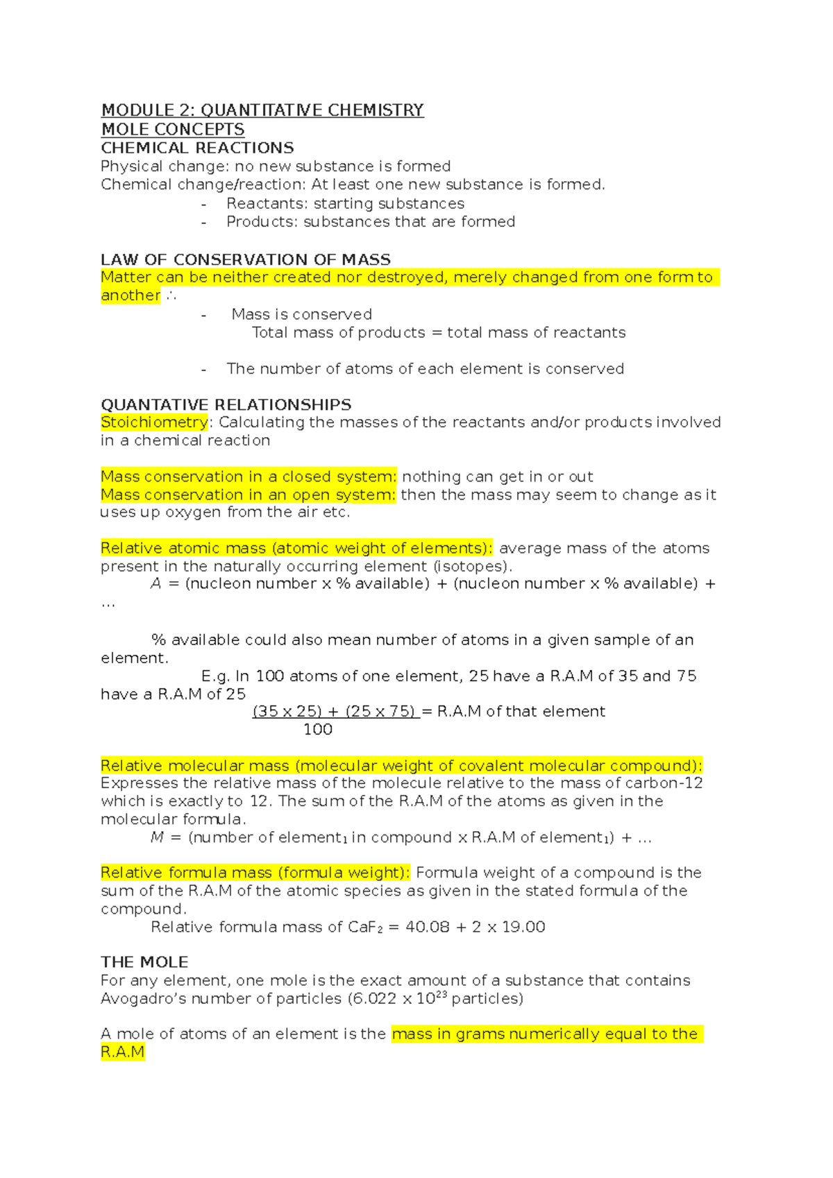 Module 2 - CHEM Notes - MODULE 2: QUANTITATIVE CHEMISTRY MOLE CONCEPTS ...