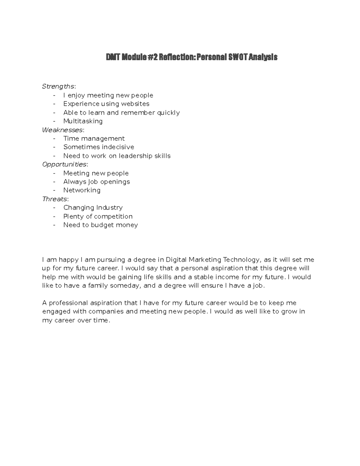 Module #2 Reflection SWOT Analysis - DMT Module # 2 Reflection ...