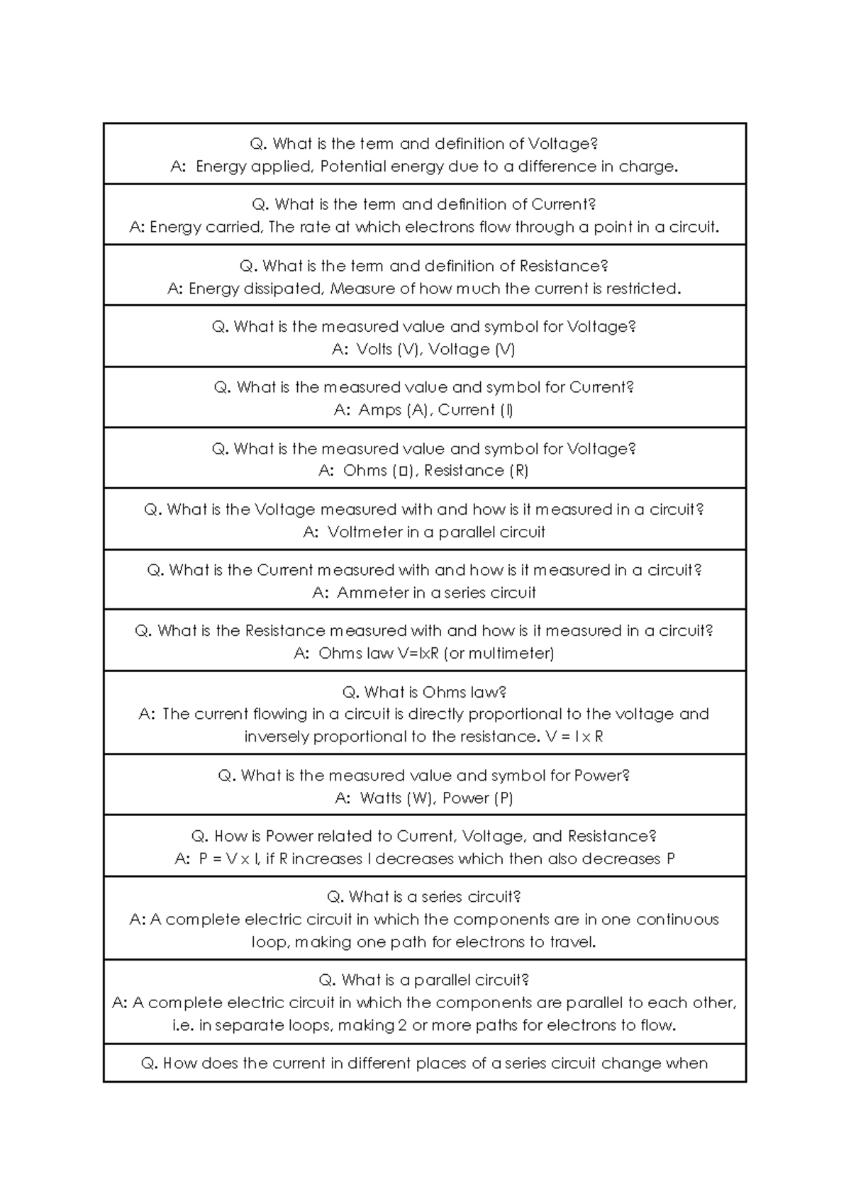 Electricity Flash Cards - Q. What is the term and definition of Voltage ...