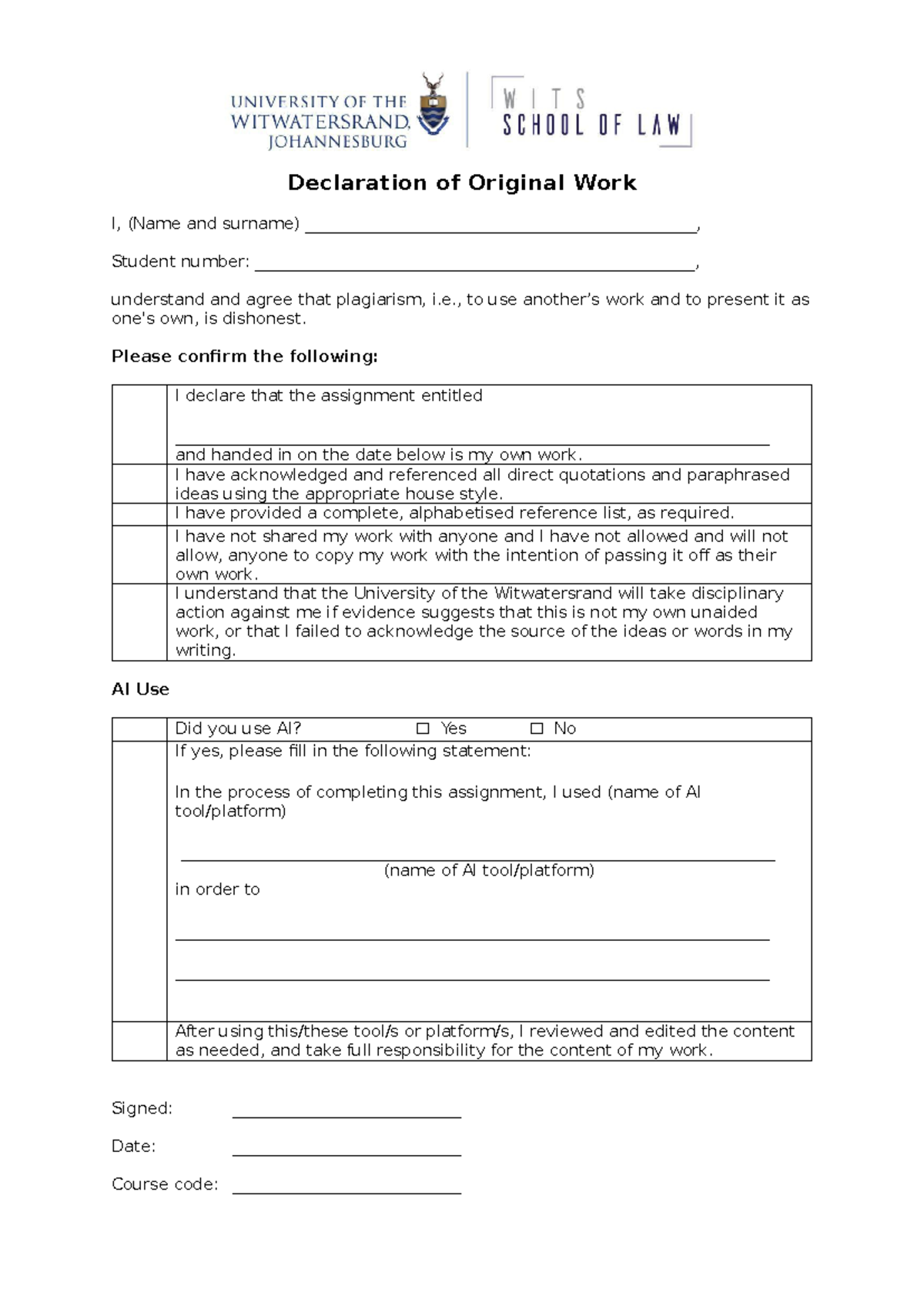 SoL Declaration of Original Work - Honour Pledge - Declaration of ...