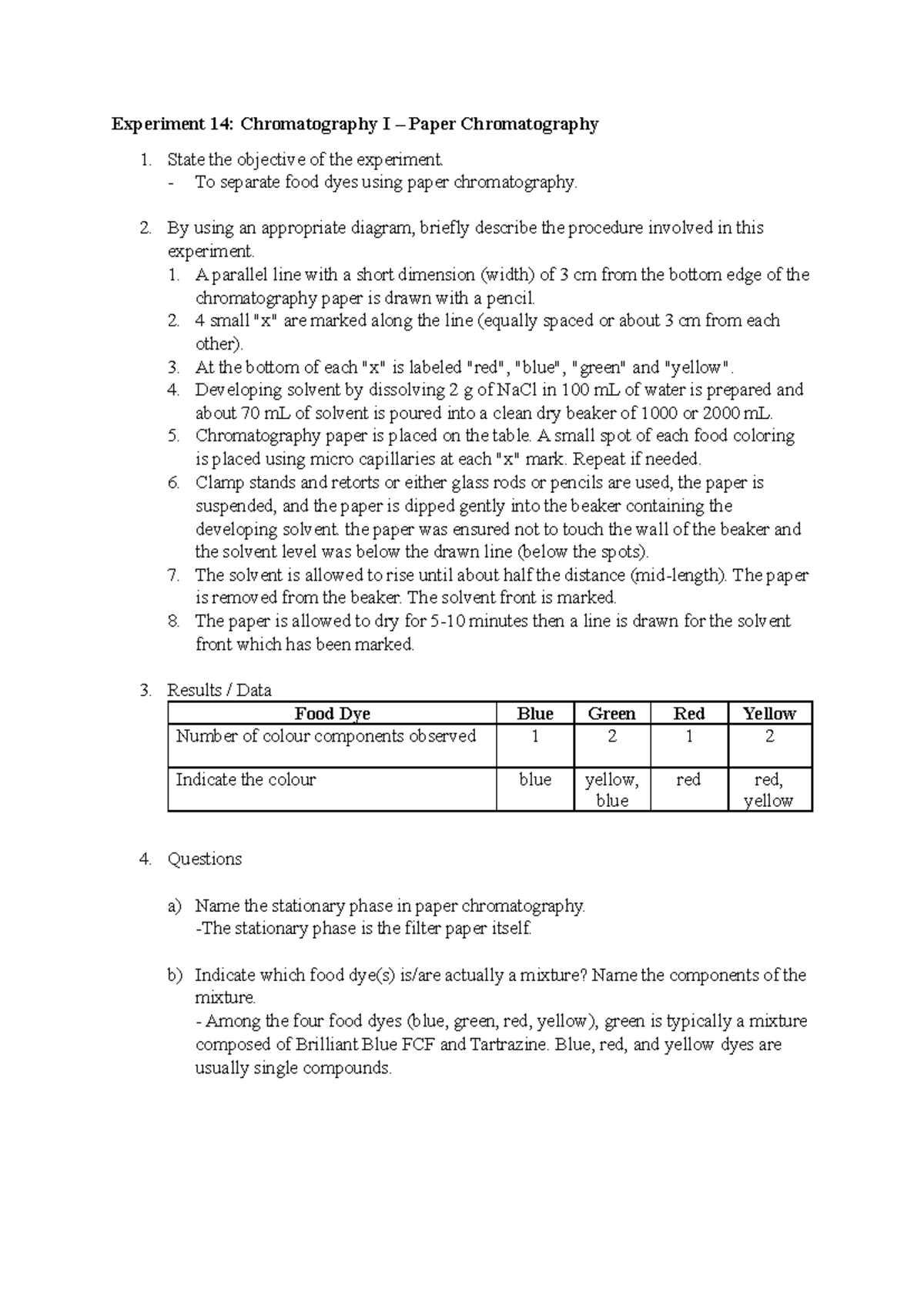 CHM256 EXP 14 - experiment chromatography - Experiment 14 ...