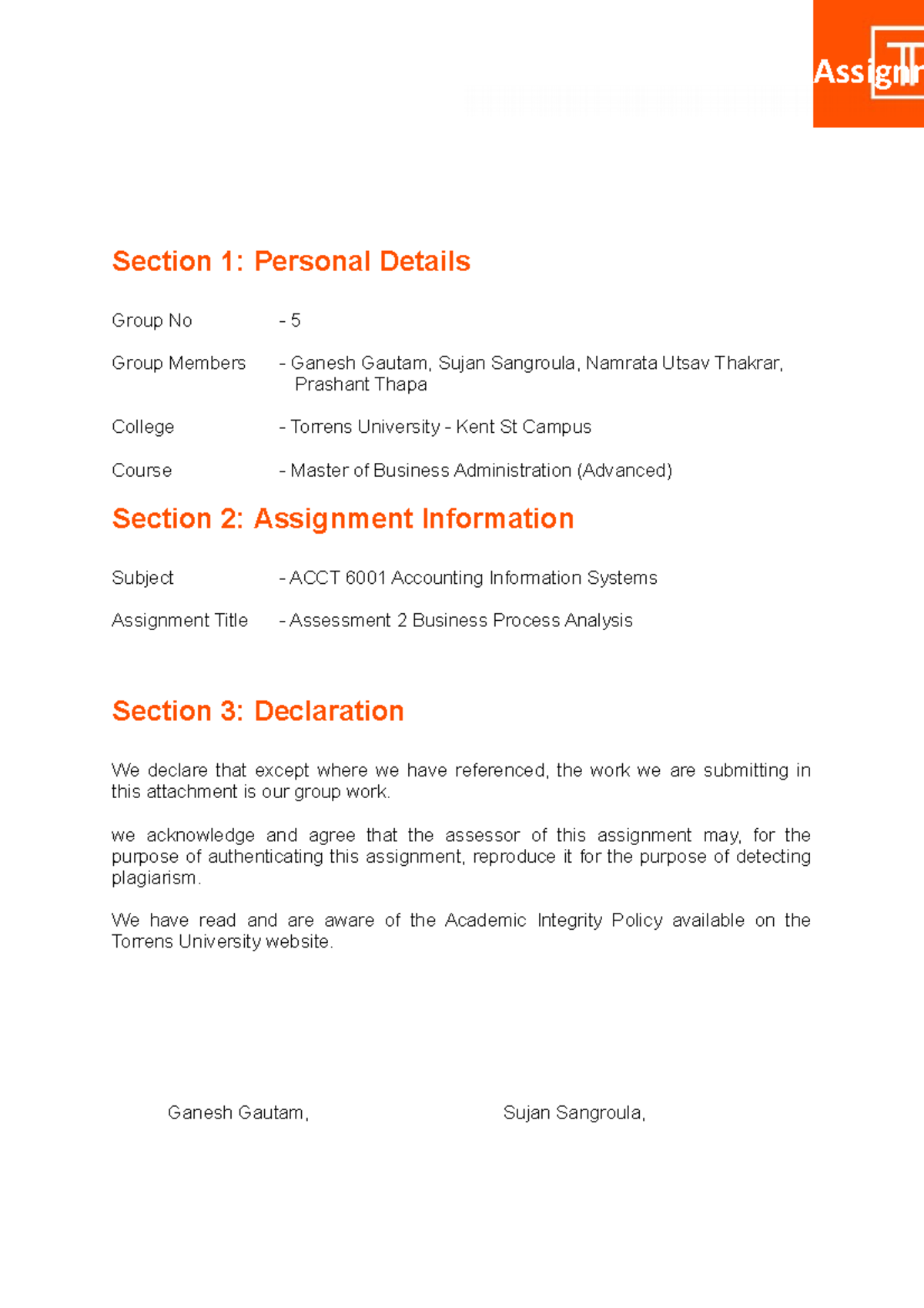 Group report final - ASSIGNMENT 2 - Assignmen Section 1: Personal ...