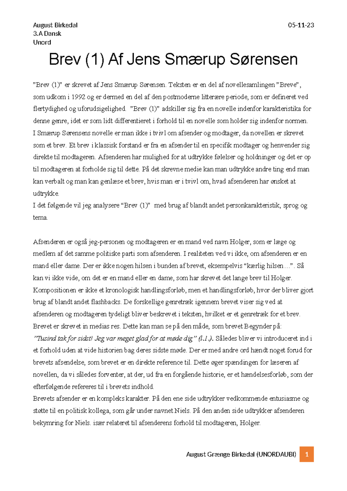 Brev(1) Dansk hhx - 3 Dansk Unord Brev (1) Af Jens Smærup Sørensen ...