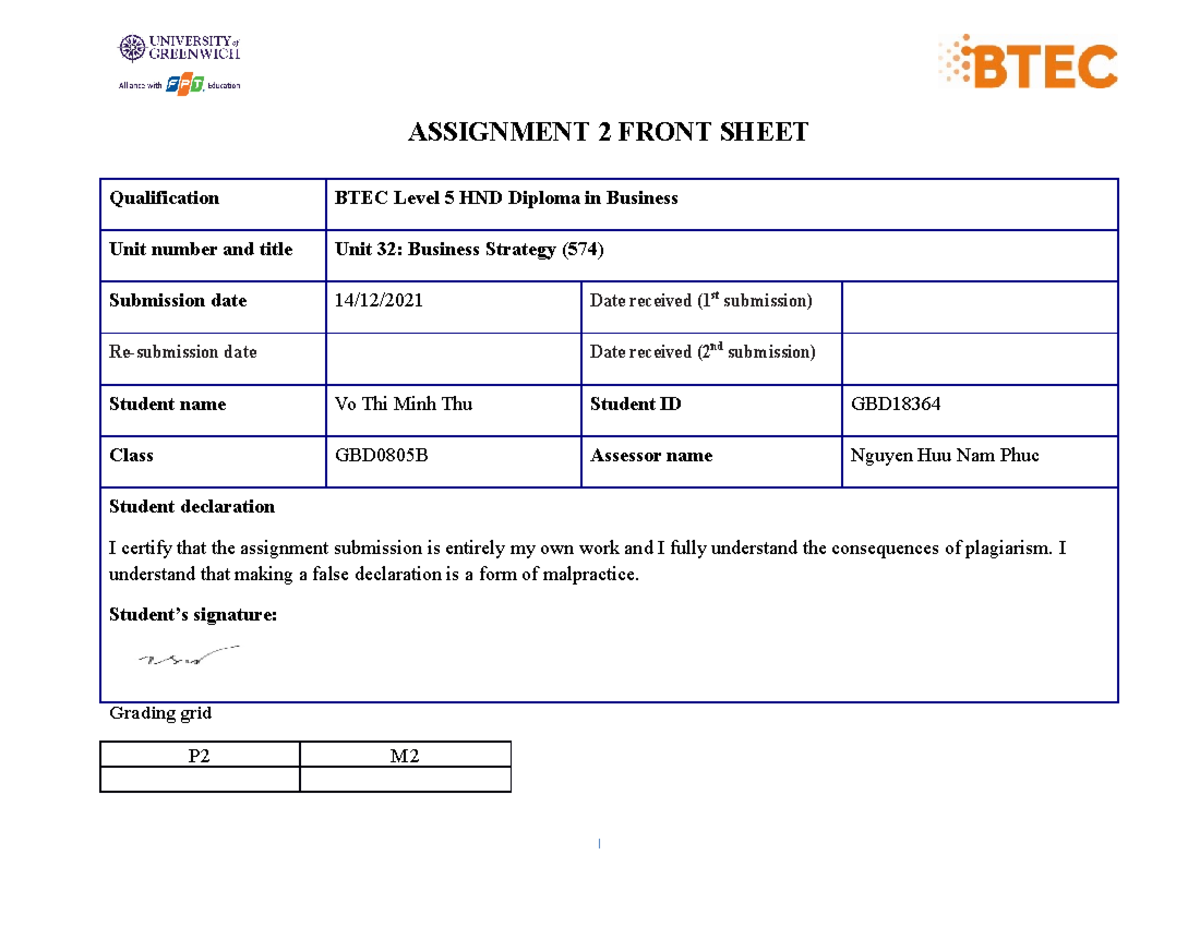 574 AS2 Miu - Full assignment - ASSIGNMENT 2 FRONT SHEET Qualification BTEC Level 5 HND Diploma ...