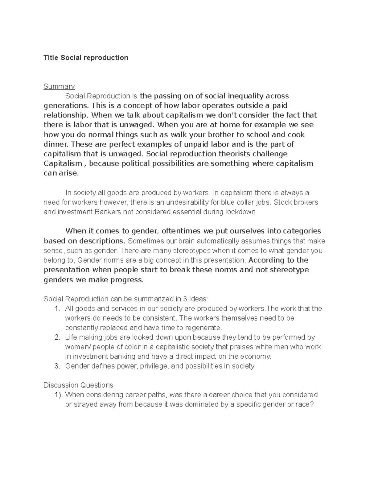 Social Reproduction - class notes - Title Social reproduction Summary ...