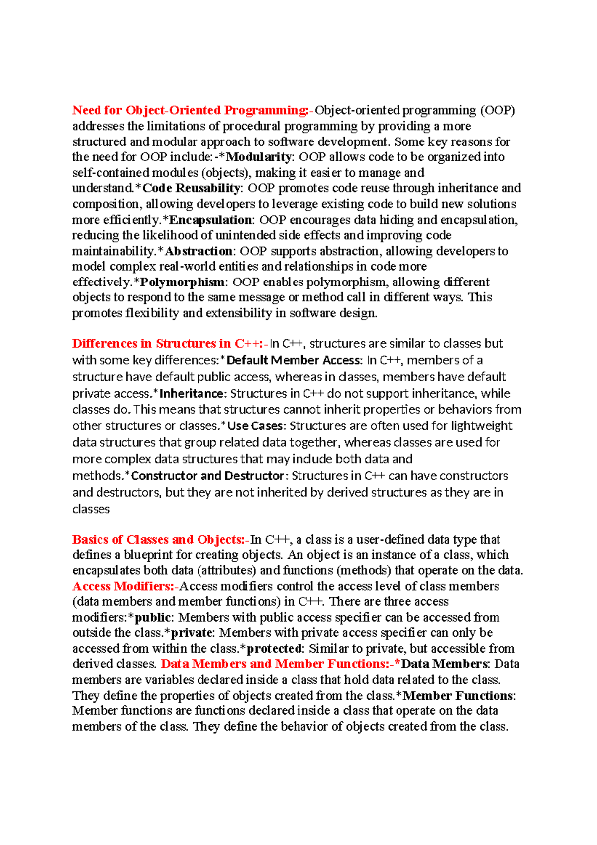 DSA notes 2 - FOR BCA - Need for Object-Oriented Programming:-Object ...