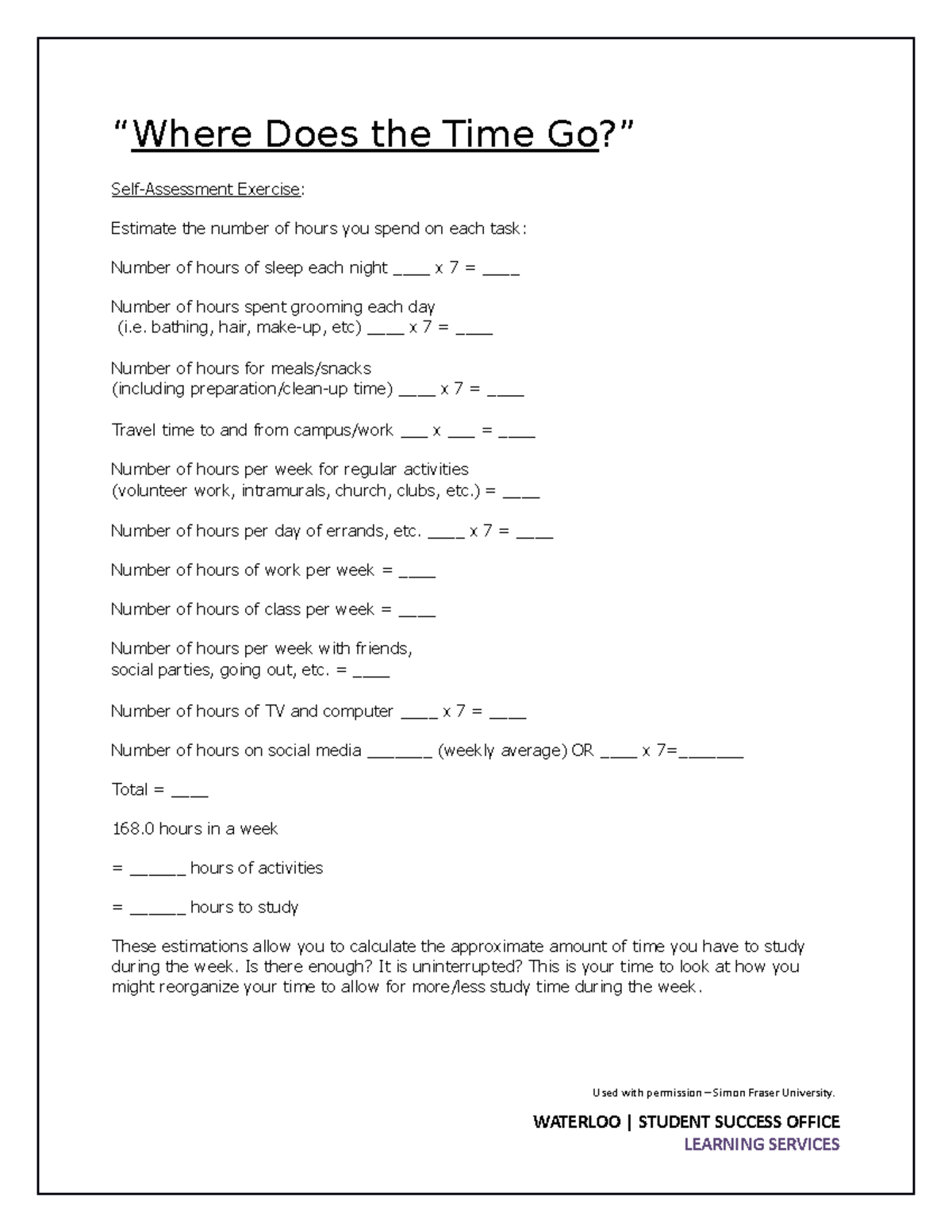 Management time using worksheet - “Where Does the Time Go?” Self ...
