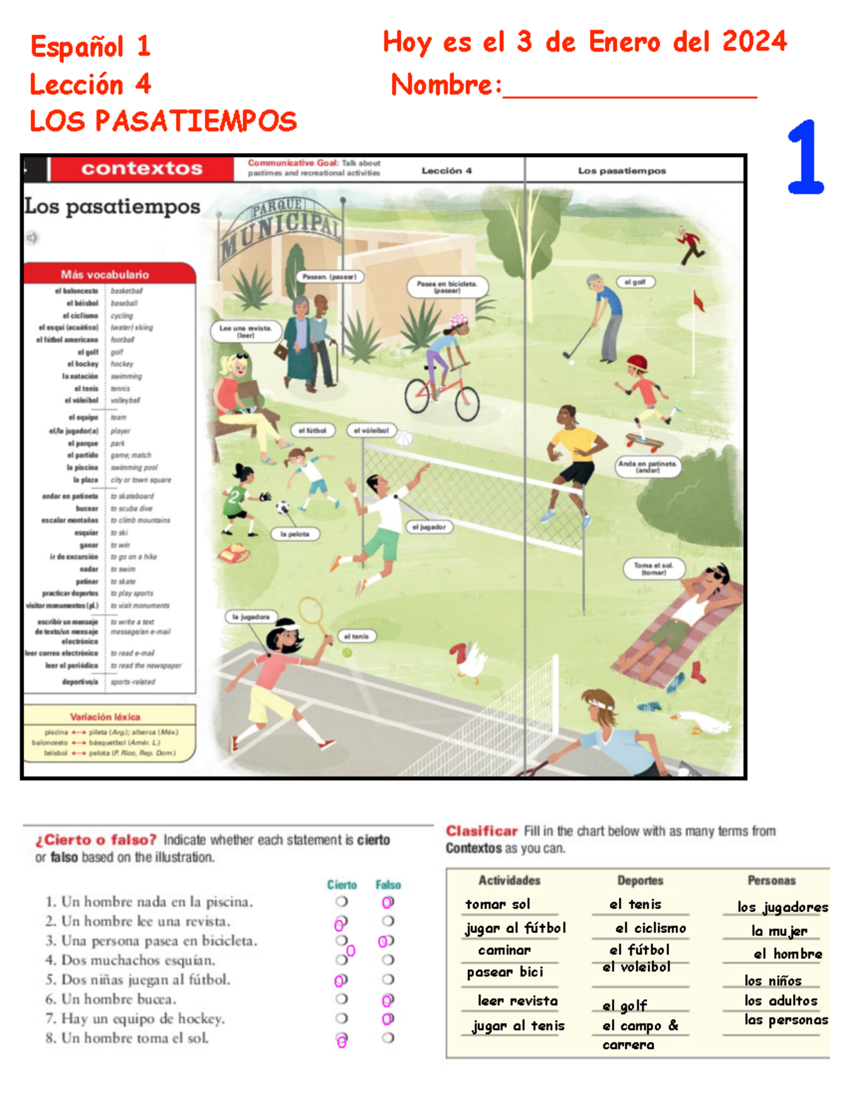 Español 1 Lección 4 - Los Pasatiempos- Enero 3, 2023 - ####### Español ...