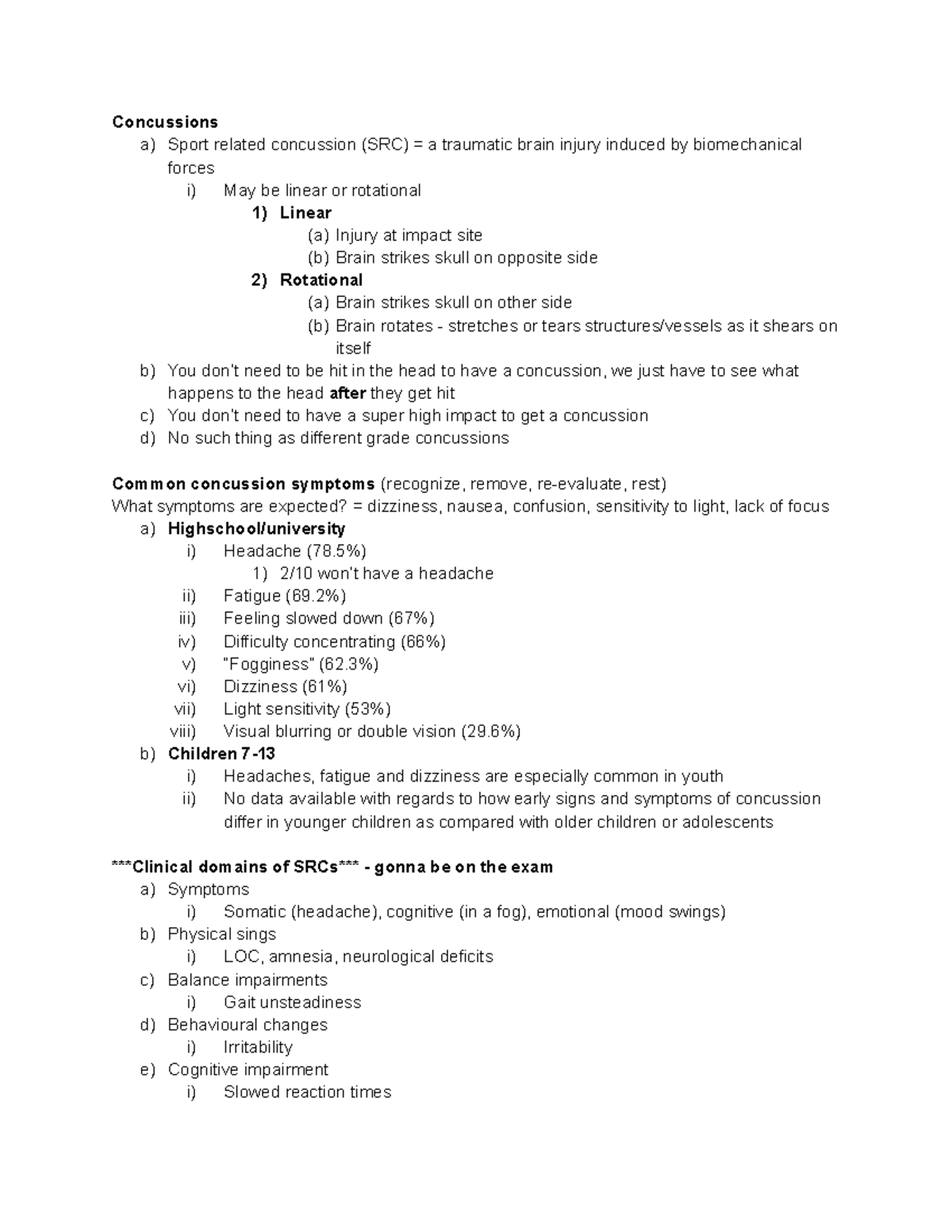 Lecture 18 - Sport Related Concussions - Concussions a) Sport related concussion (SRC) = a ...