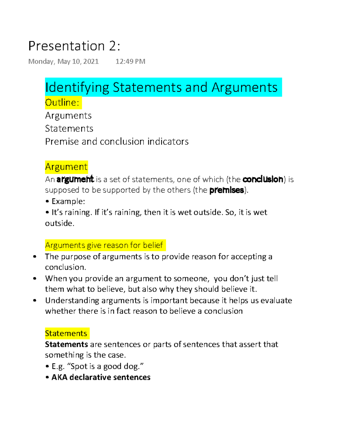 Presentation 2- new document - Identifying Statements and Arguments ...