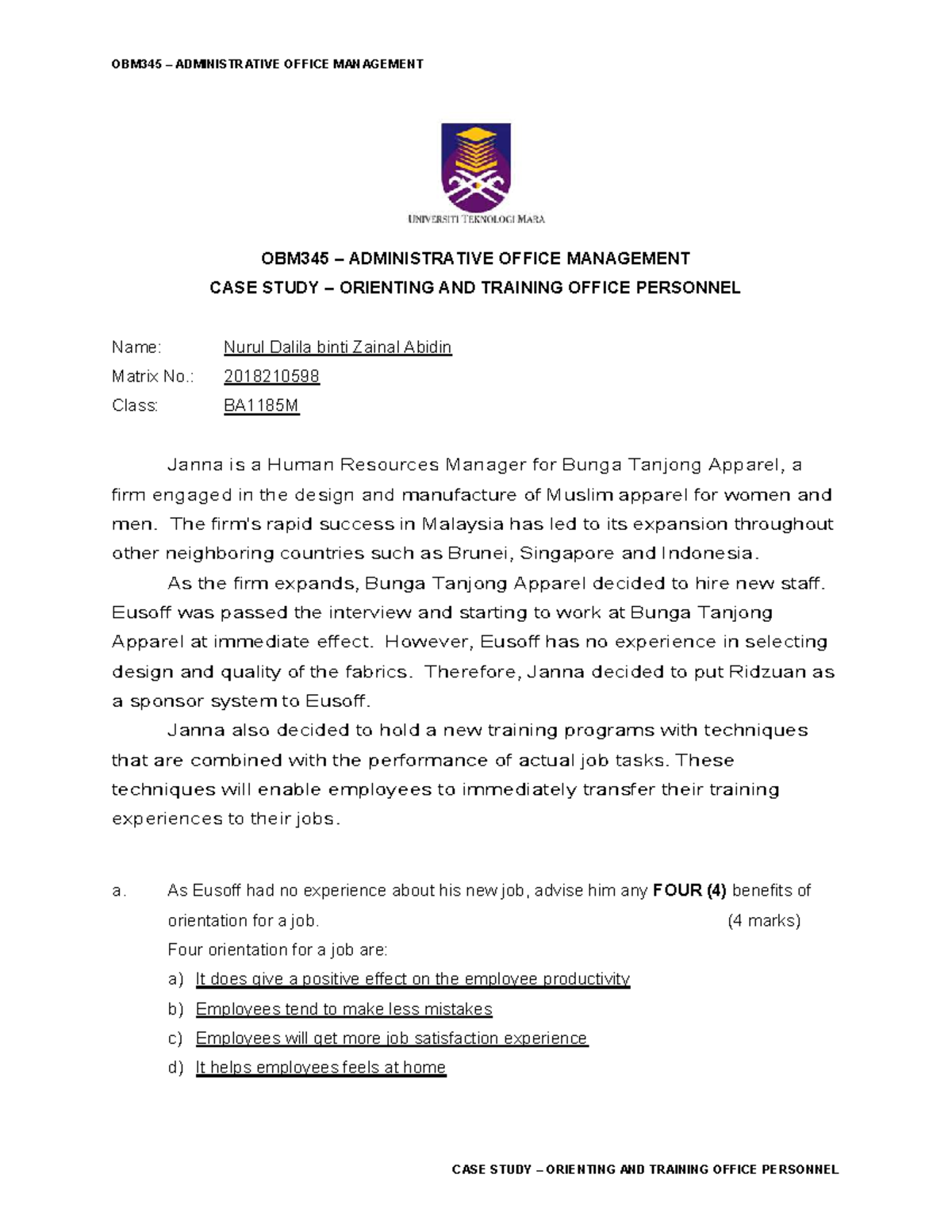 CASE Study Chapter 7 - Lecture notes 90 - OBM345 – ADMINISTRATIVE ...