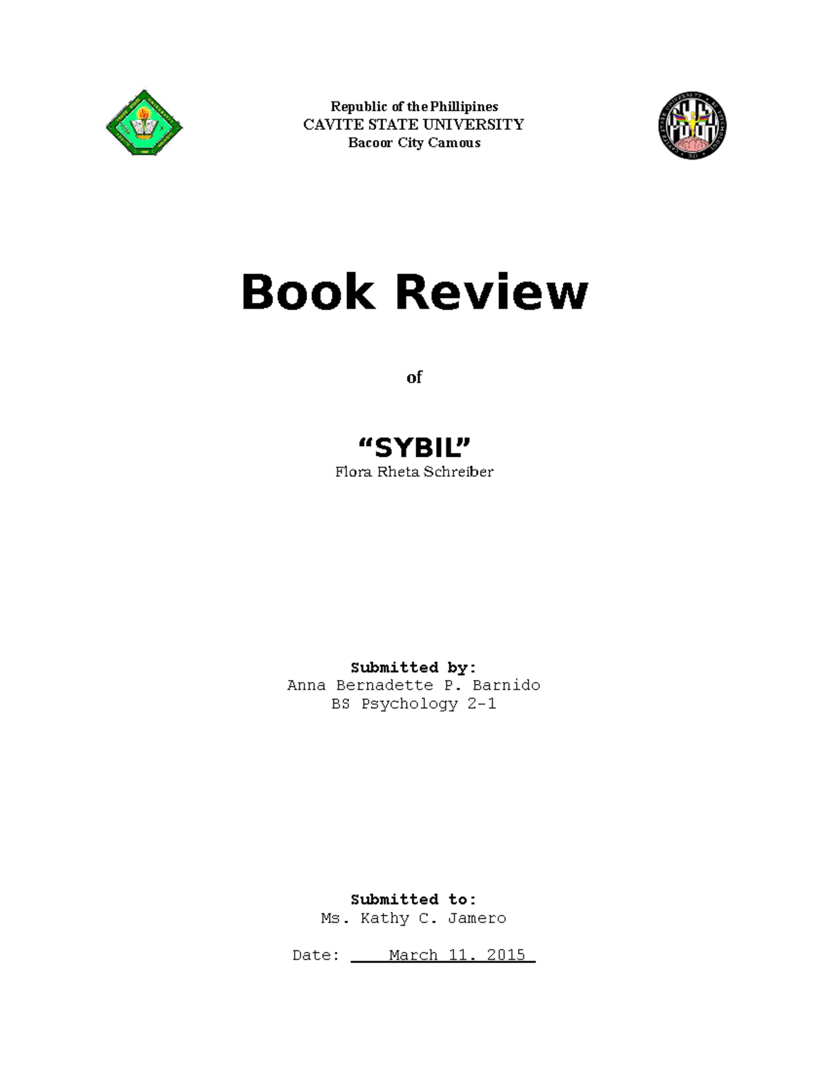Sybil Book and Movie Review - Republic of the Phillipines CAVITE STATE ...