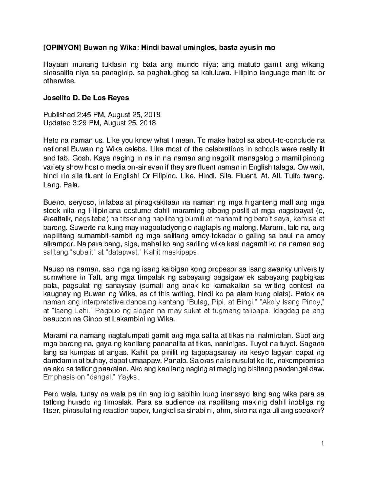 Buwan ng Wika Hindi bawal umingles, basta ayusin mo - Filipino language ...