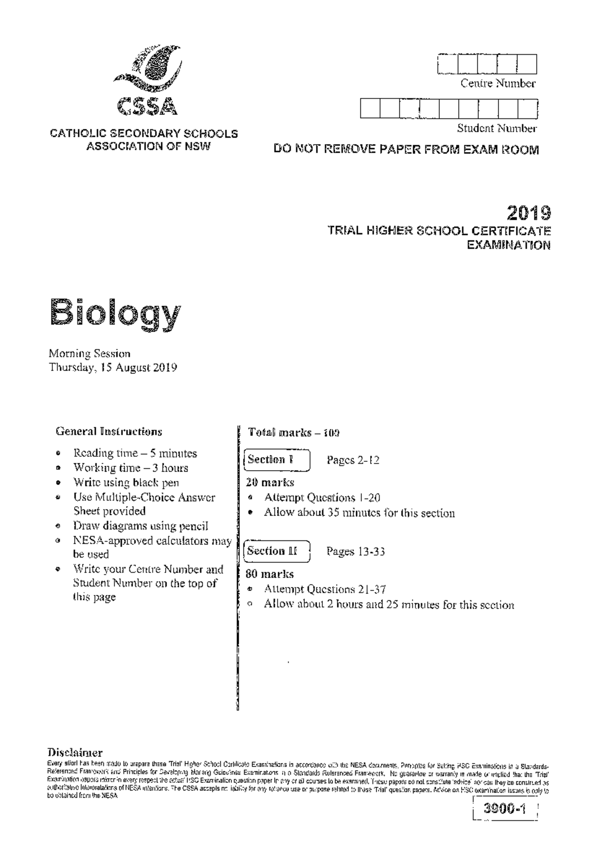 2019 CSSA Biology Trial with Solutions - Studocu