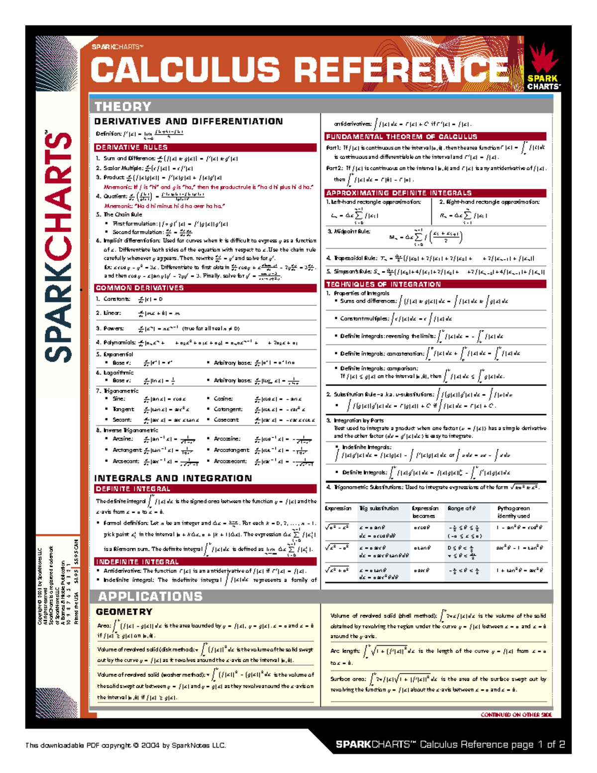 Calculus - SPARKC(!RTS Í This downloadable PDF copyright © 2004 by ...