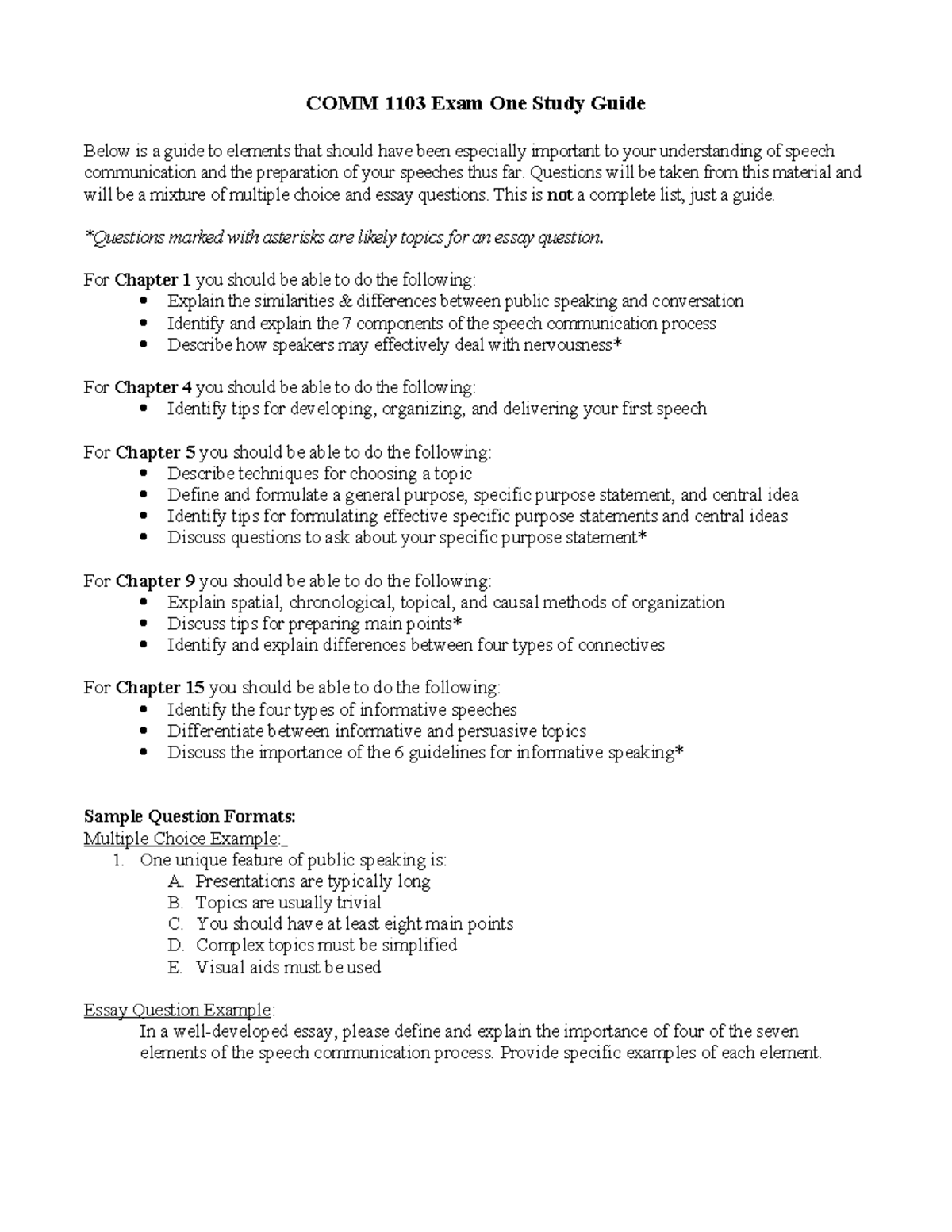 Study Guide for Exam 1 - Summary Public Speaking - COMM 1103 Exam One Study Guide Below is a ...