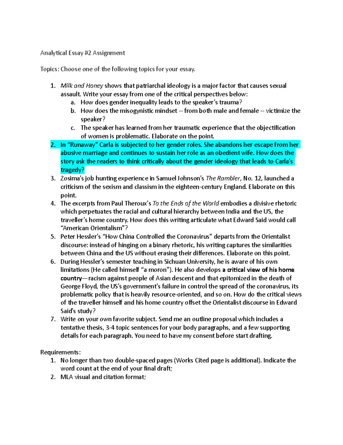 Essay #2 Assignment - Analytical Essay #2 Assignment Topics: Choose one ...