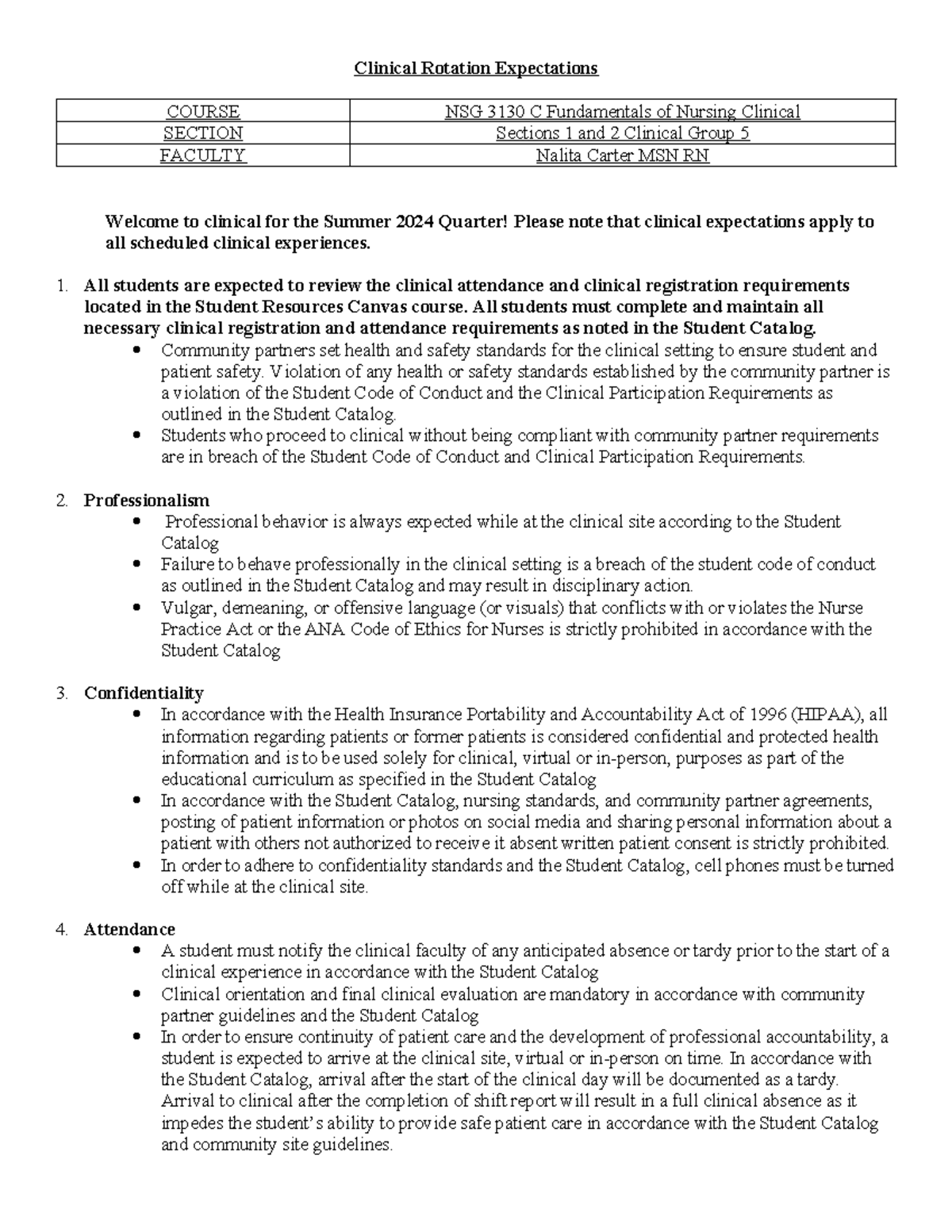 Clinical Expectations Summer 2024 for 3130C - Clinical Rotation ...
