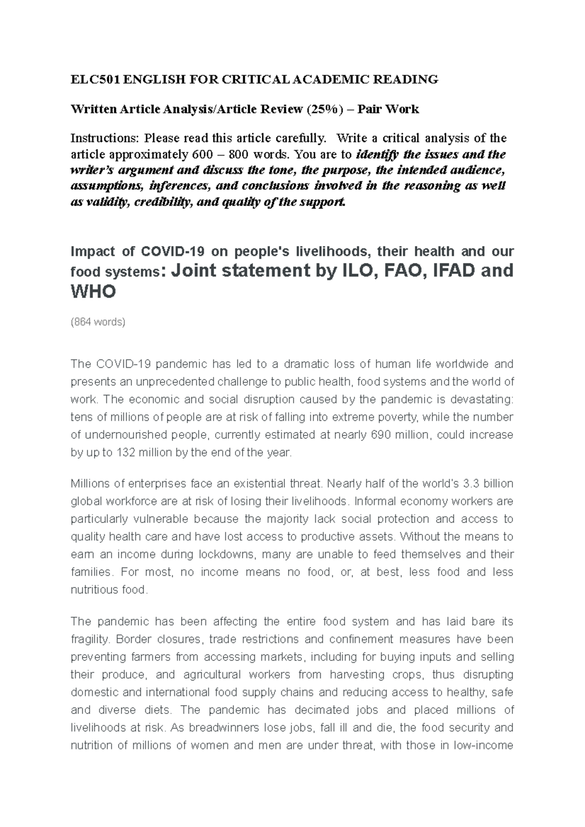 Assignment 1-Written Article Analysis-October 2022 - ELC501 ENGLISH FOR ...