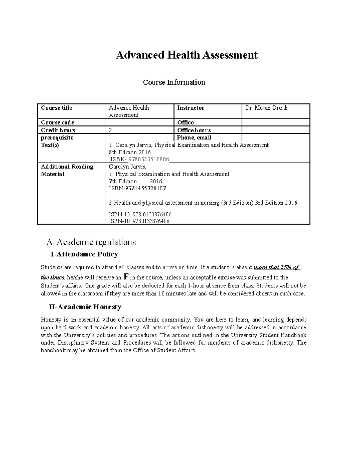 Advanced Health Assessment Syllabus - Advanced Health Assessment Course ...