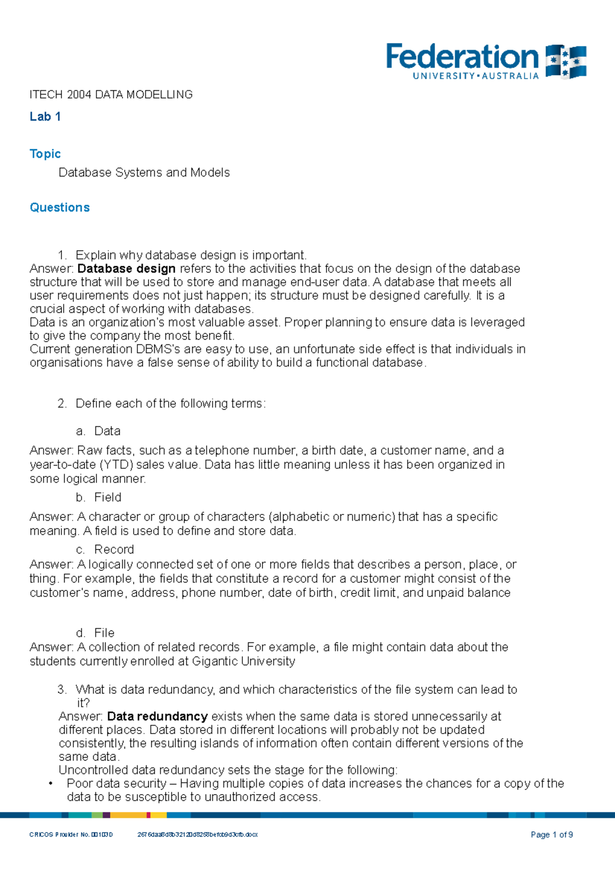 Itech 2004 01 Lab Database Itech 2004 Data Modelling Lab 1 Topic Database Systems And Models