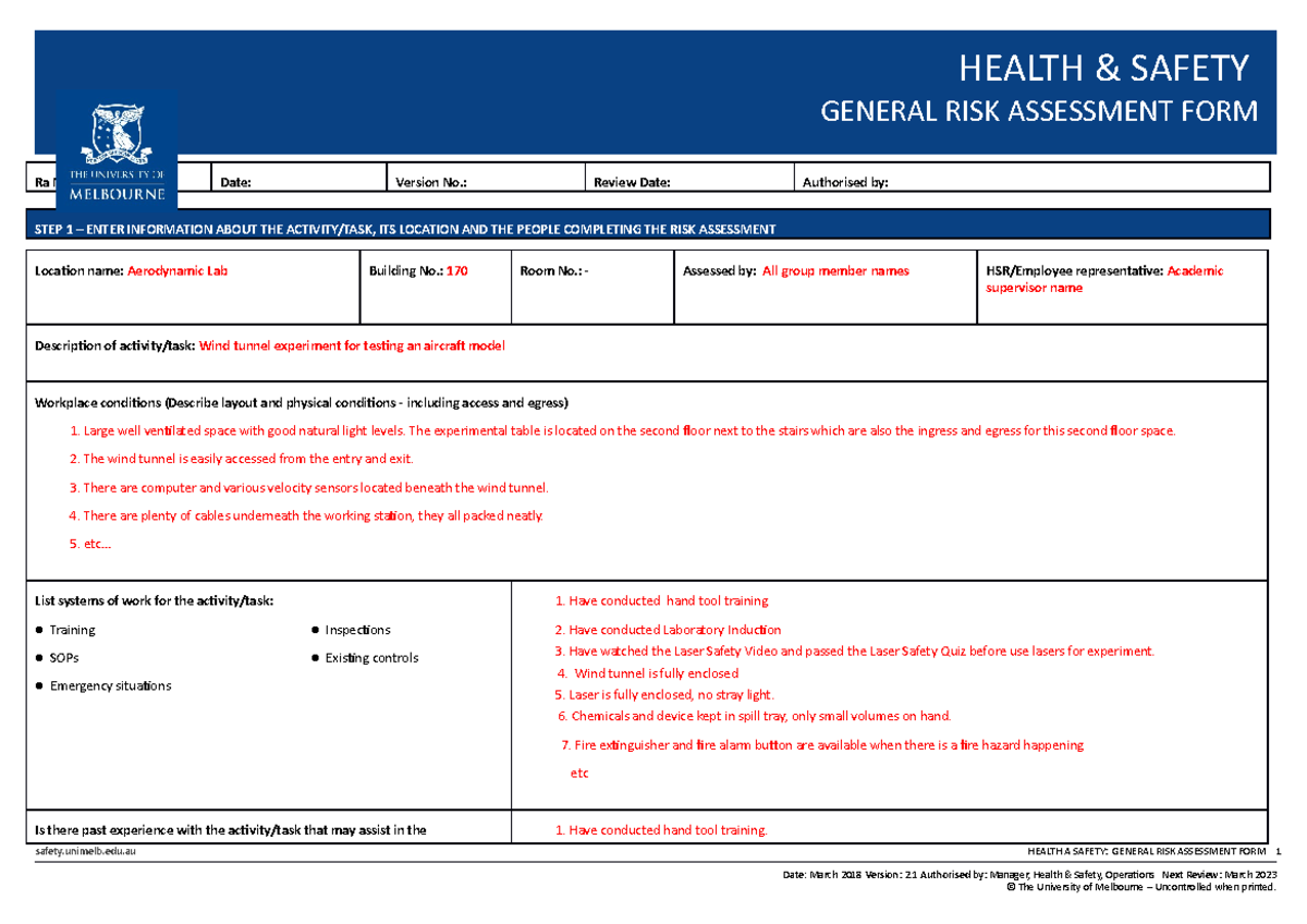 Example general-risk-assessment-form for Assignment 1 and Capstone ...