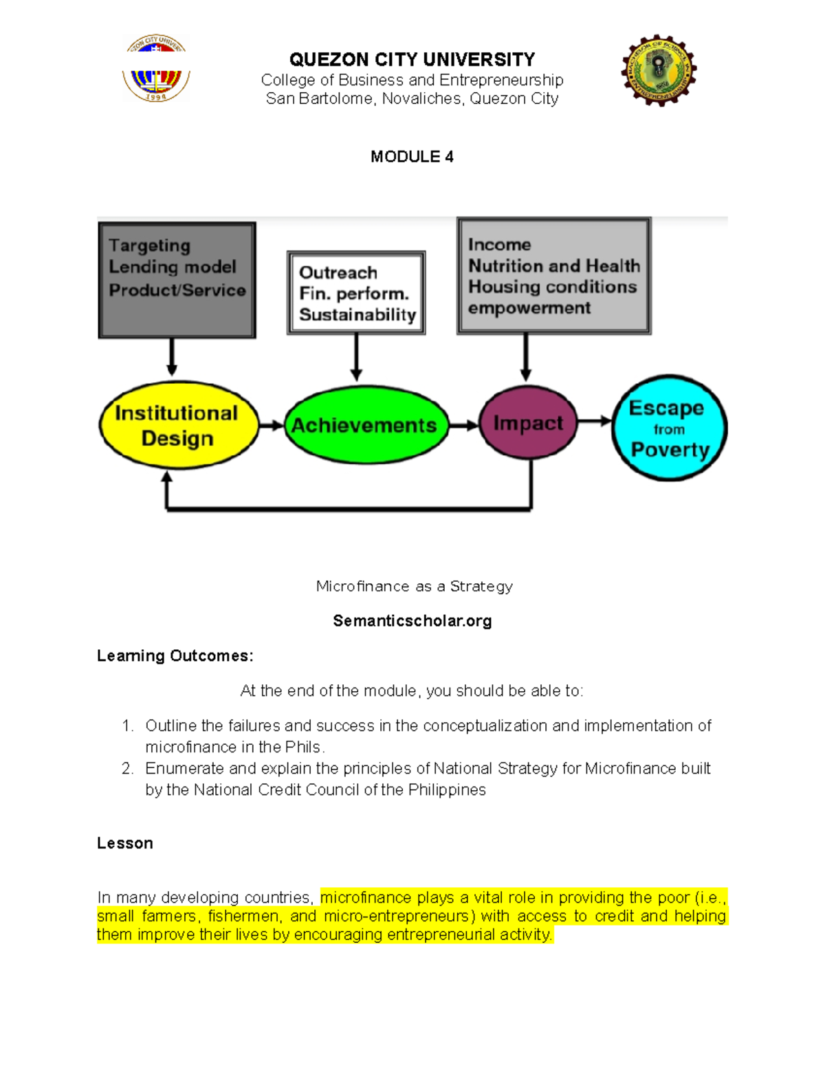 Module 4 Microfinance WITH Highlights - QUEZON CITY UNIVERSITY College ...