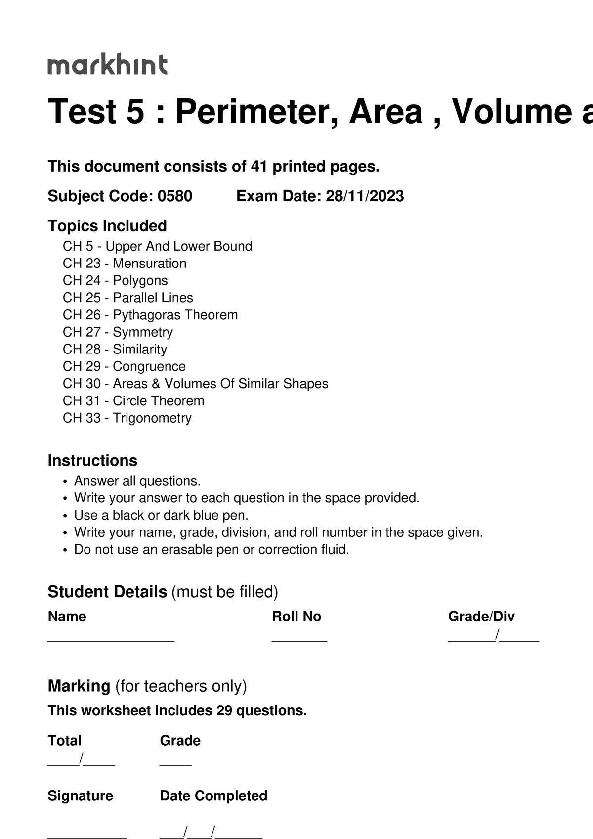 Test 5 Perimeter, Area , Volume and Pythagoras Date 28th November 2023 ...