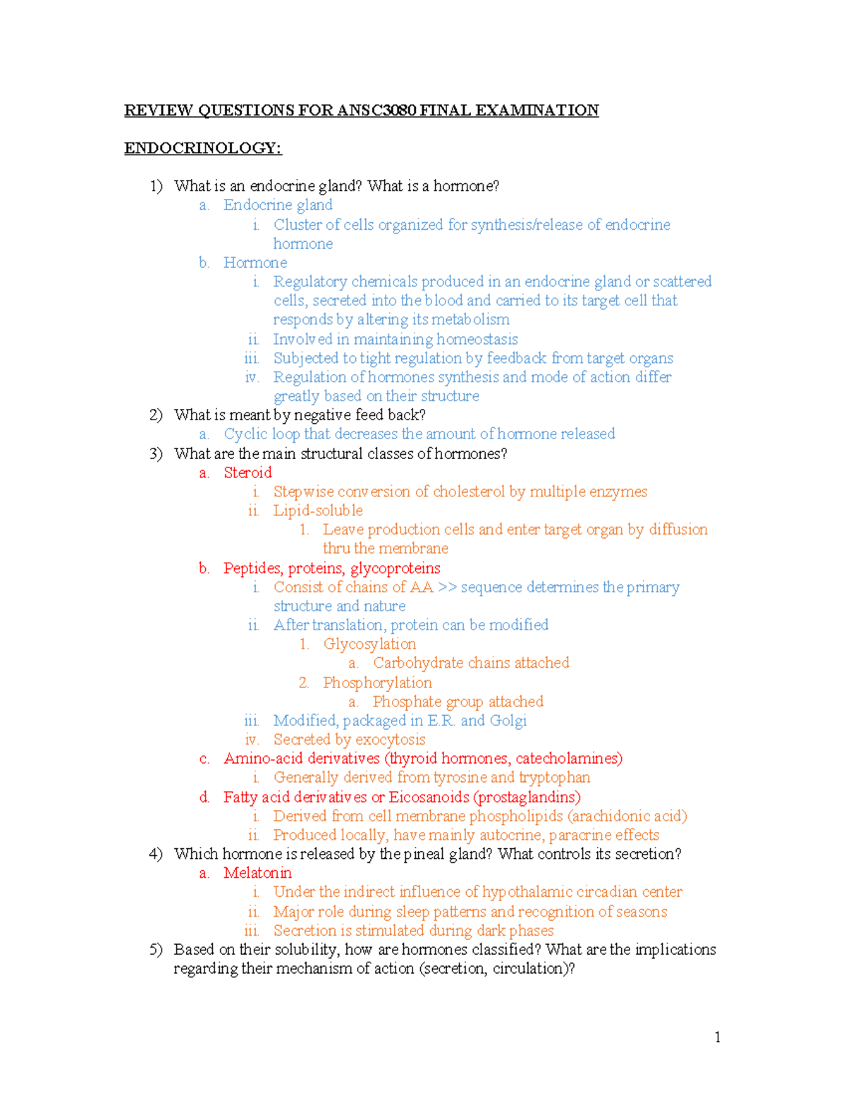 Review questions Endocrine System - REVIEW QUESTIONS FOR ANSC3080 FINAL ...