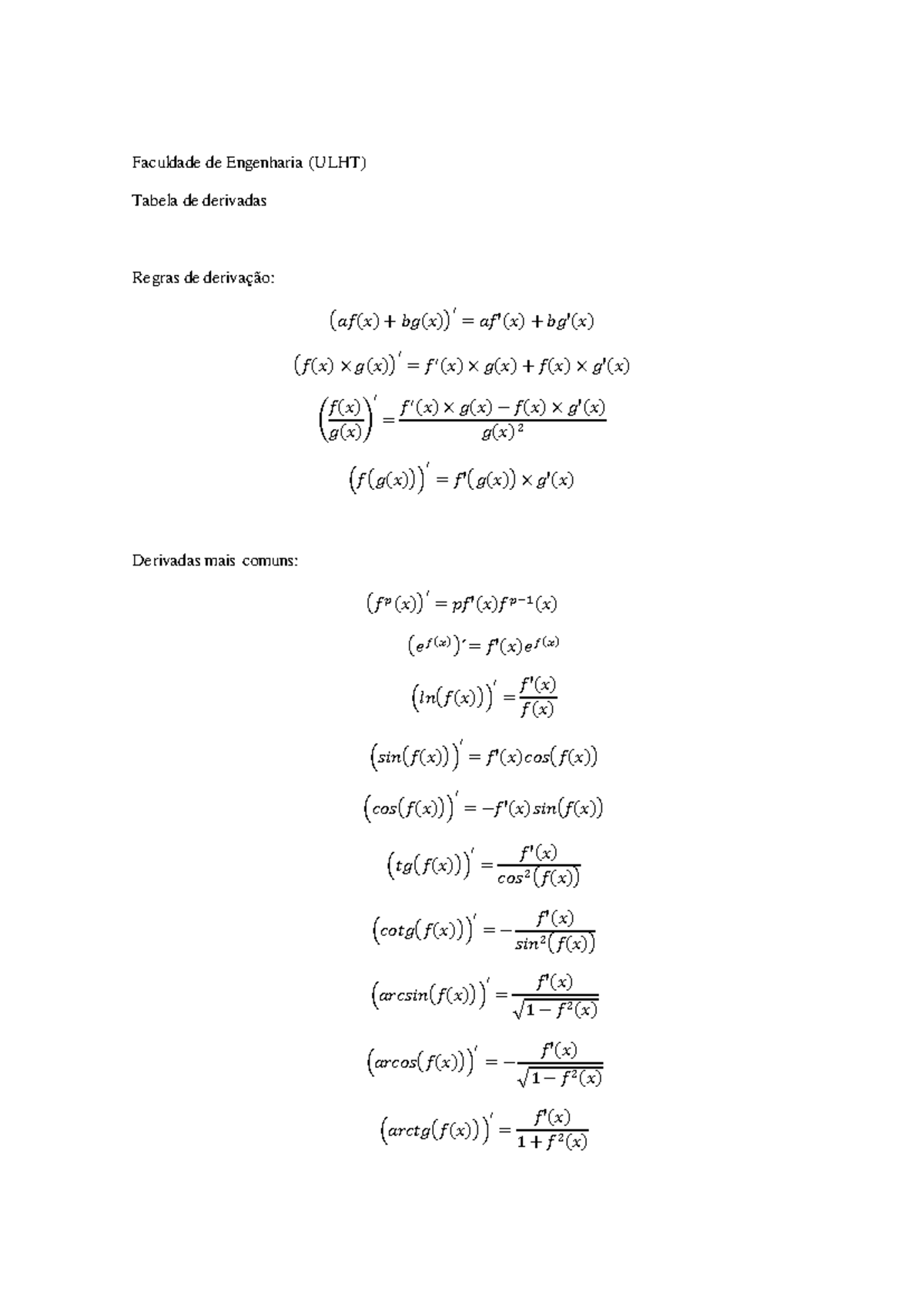 Tabela primitivas derivadas - Faculdade de Engenharia (ULHT) Tabela de ...